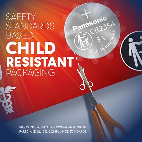 Panasonic CR2354 3.0 Volt Long Lasting Lithium Coin Cell Batteries in Child Resistant, Standards Based Packaging, 4-Battery Pack