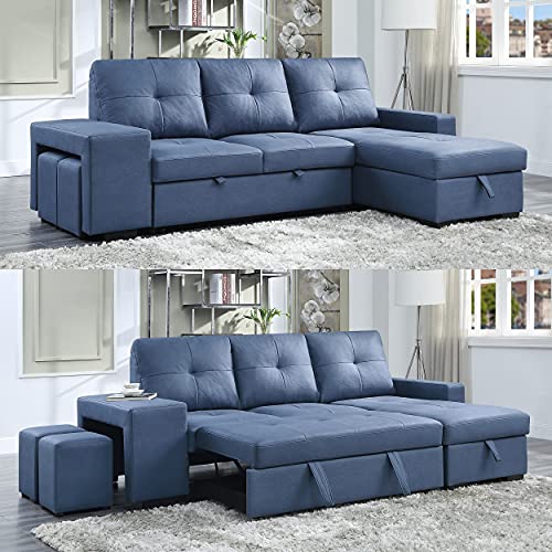 Sectional Sofa with Pull-Out Sleeper, HABITRIO Solid Wood&Blue Fabric Upholstered 97" L-Shaped Sofa Bed&Reversible Storage Chaise Lounge, Side Table Armrest w/ 2 Ottoman, Seating Couch for Living Room