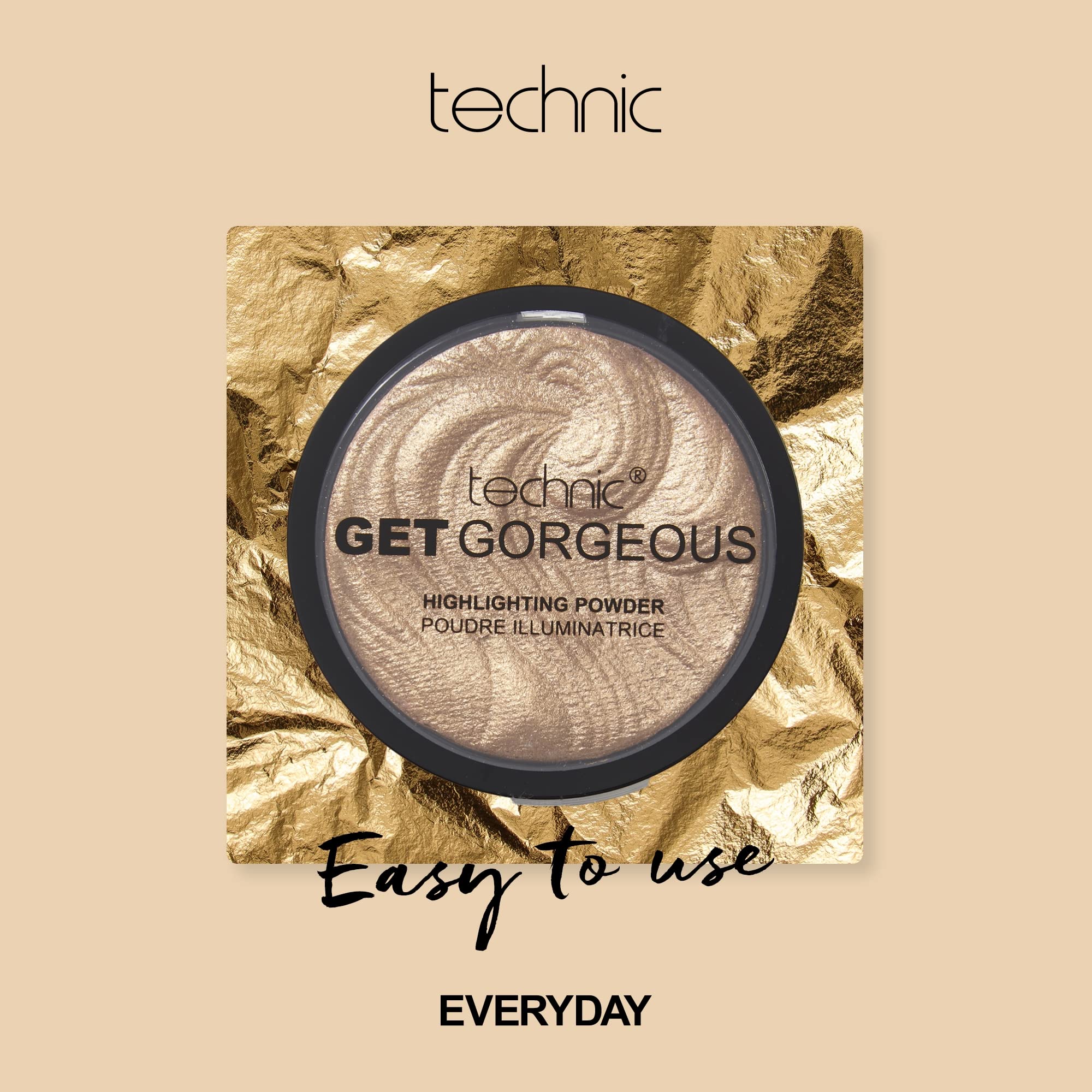 Technic Get Gorgeous Highlighting Powder - Pressed Shimmer Face Makeup Compact for a Golden Glow. Shade: 24CT Gold