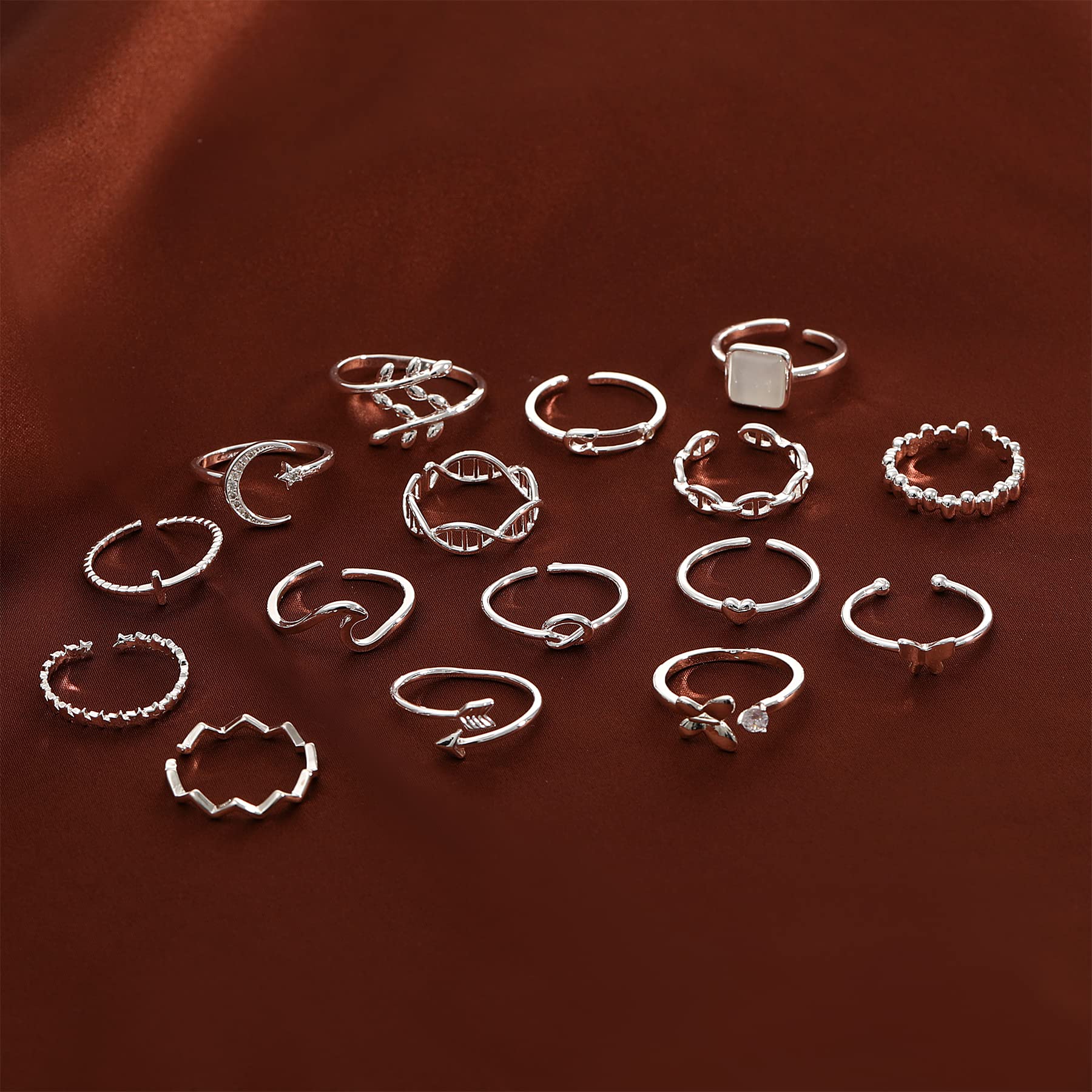 TOBENY 16PCS Adjustable Rings for Women 14K Silver Gold Plated Knuckle Stackable Rings Butterfly Arrow Knot Wave Rings Thumb Midi Finger Rings