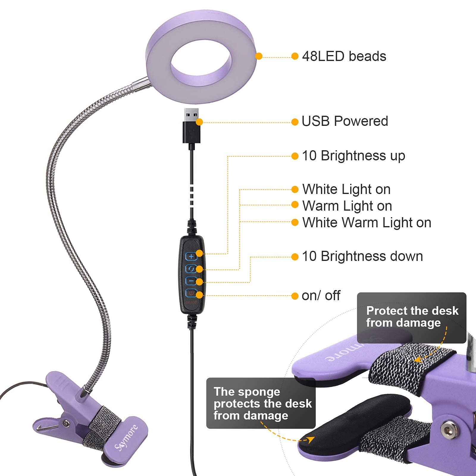 Skymore Clip on Light Reading Lights, 48 LED USB Book Light with 3 Color Modes, 10 Brightness Dimmer & 360° Flexible Gooseneck Bed Night Light, Eyelash Lamp for Makeup, Nail Art, Tattoo, Manicure