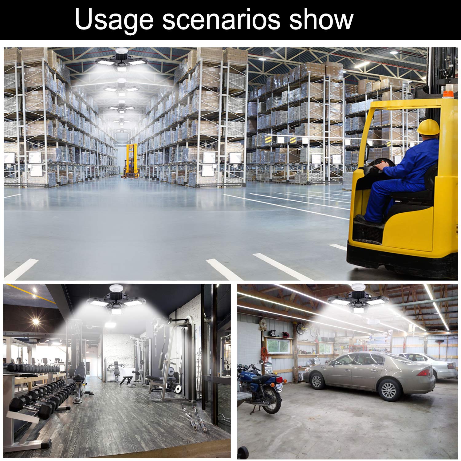 RGZZUP 6 Pack LED Garage Lights 80W,Three Panel Deformable Garage Lighting,8000LM High Bright LED Garage Light 6000K 110V E26/E27 Super Bright Adjustable LED Ceiling Lights for Garages Warehouse