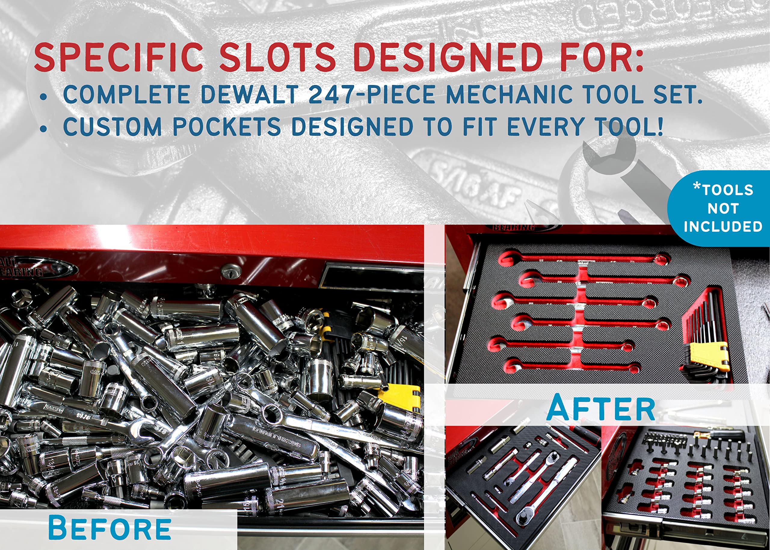 Polar Whale Tool Drawer Organizer Inserts Fits DEWALT 247 Piece Mechanics Set Red and Black Durable Foam Trays Holds Many Tools and Accessories ONLY for DWMT81535 Fits Most Cabinet and Chest Drawers
