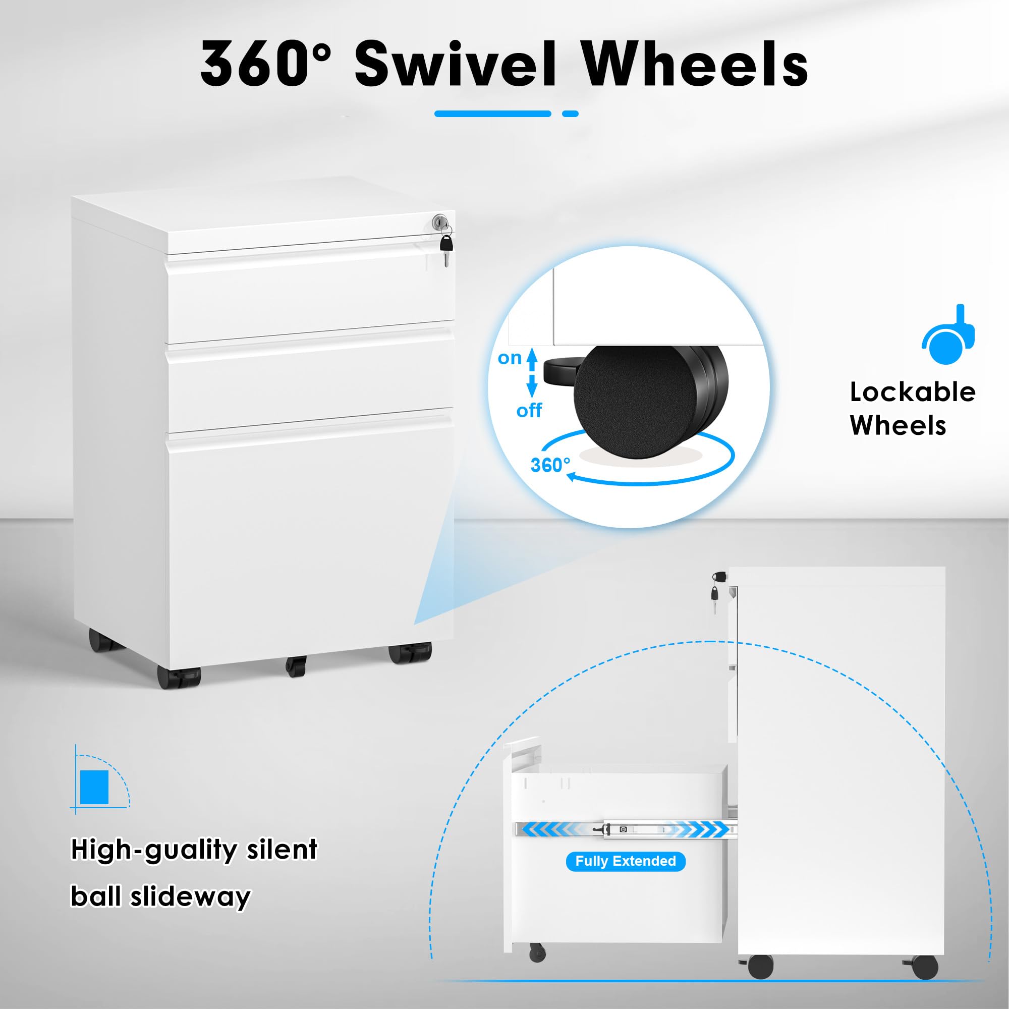Pataku White File Cabinet 3 Drawer, Mobile File Cabinet with Lock and Wheels, Under Desk Metal Filing Cabinet for Office,Lockable Rolling Cabinet with 2 Keys for Legal/Letter/A4 Size, Easy Assemble