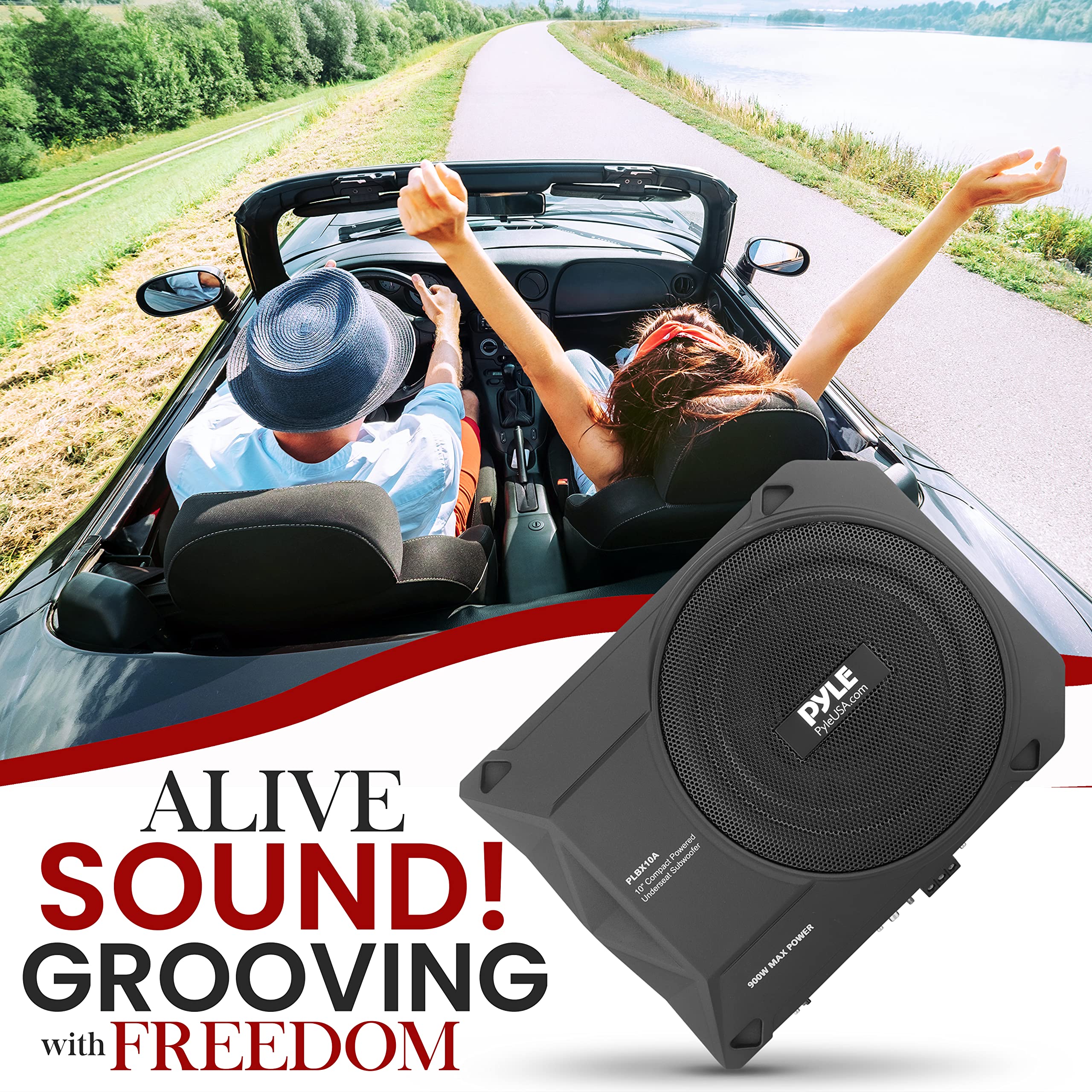 Pyle 10-Inch Low-Profile Amplified Subwoofer System - 900 Watt Compact Enclosed Active Underseat Car Audio Subwoofer with Built-in Amp, Powered Car Subwoofer w/Low & High-Level Inputs - PLBX10A