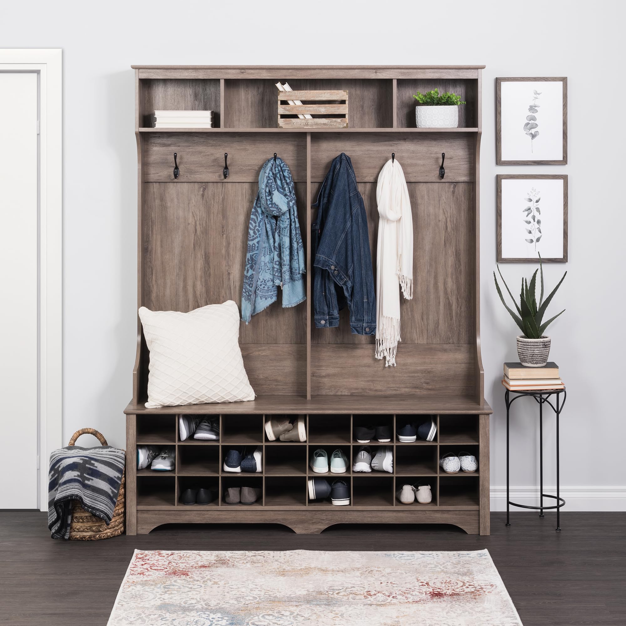 Prepac Drifted Gray Hall Tree with Bench and Shoe Storage, 60"W x 77"H x 15.5"D - 24 Shoe Cubby, Mudroom Bench with Storage and Hooks