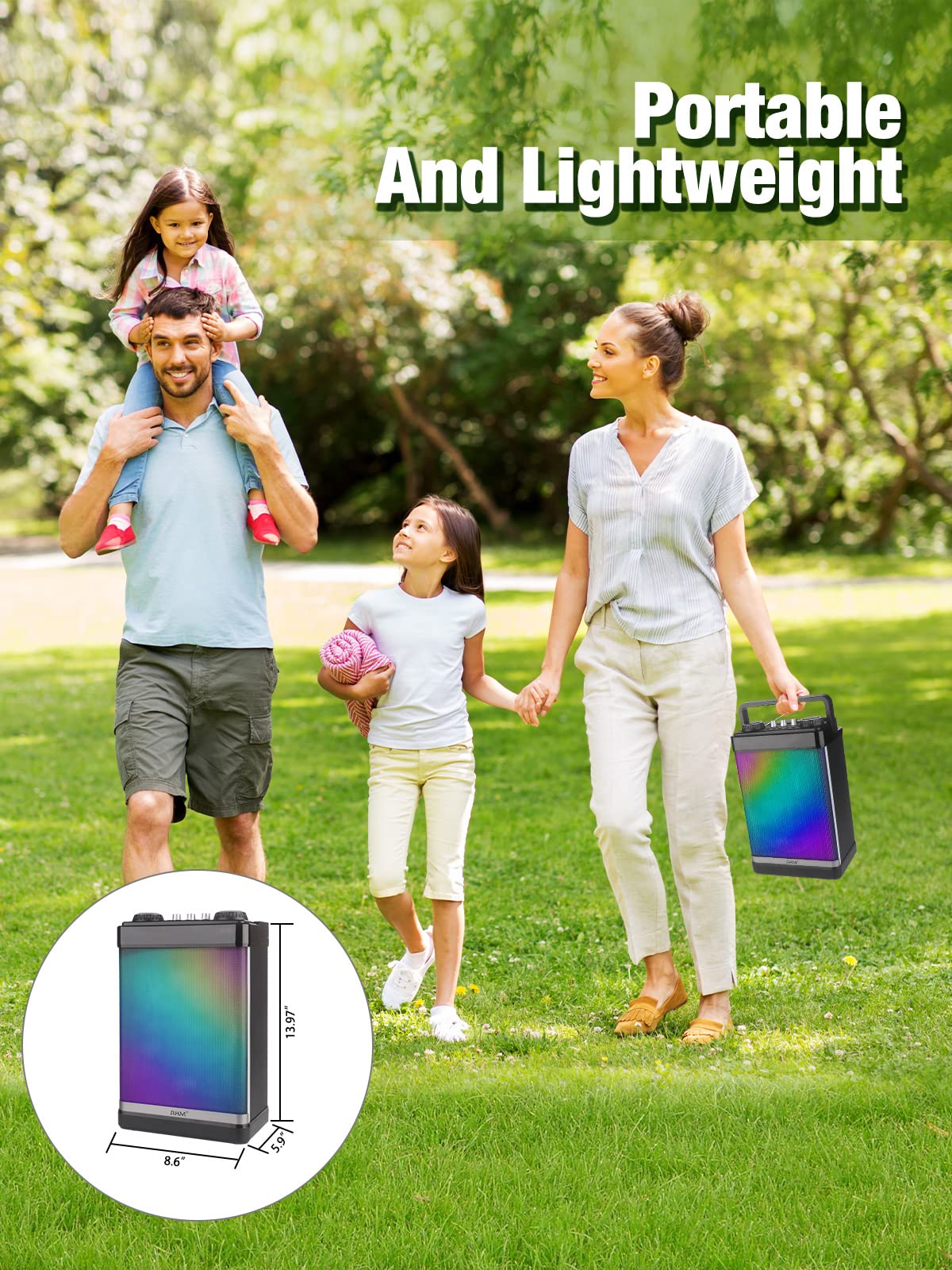 RHM K112 Karaoke Machine with 6 Color Change, Portable Bluetooth Speaker with Microphone, LED Lights & Rechargeable Battery, Support Bluetooth/AUX/USB/SD/FM Radio for Home, Party, Picnic