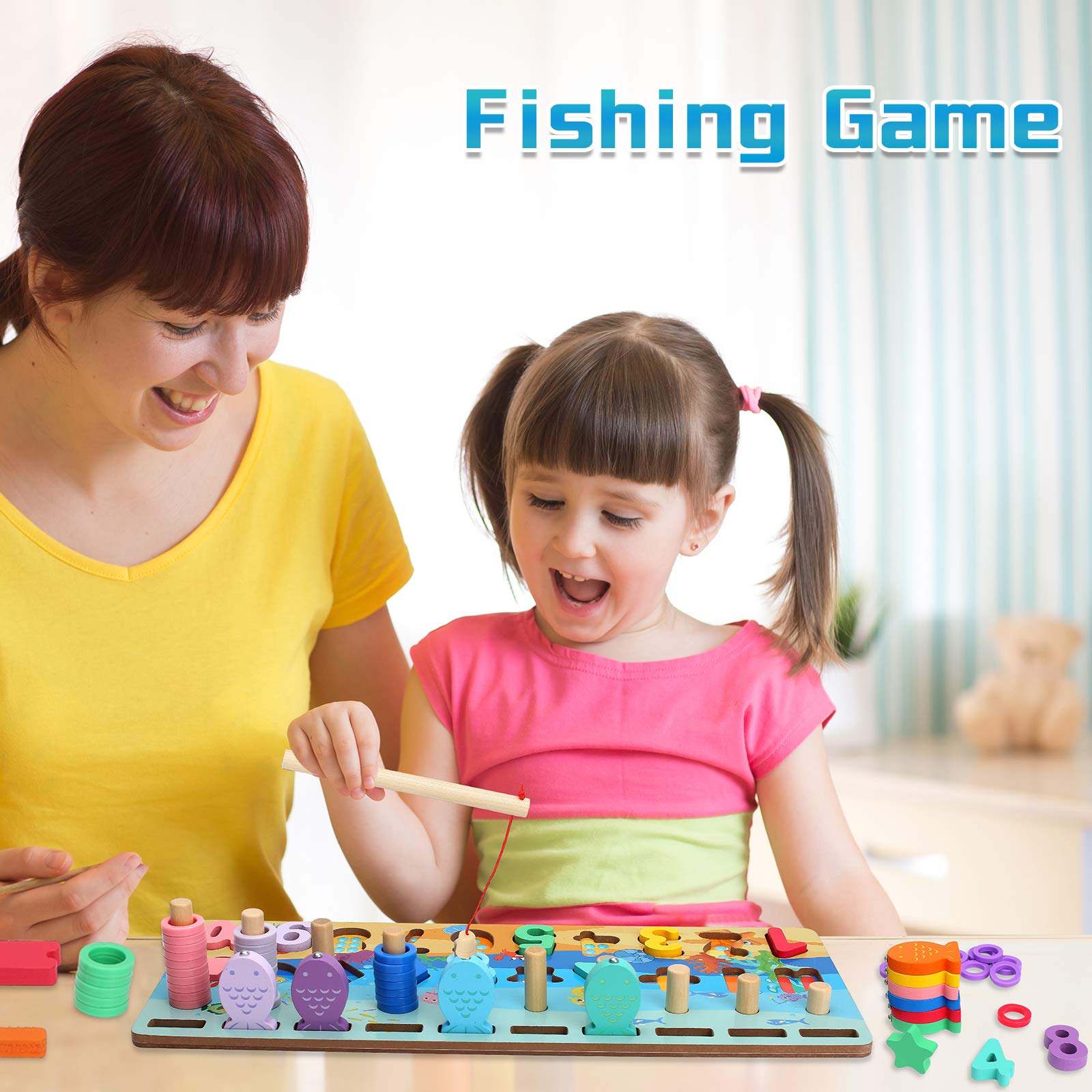 Sitodier Wooden Number Puzzle Sorting Montessori Toy for Toddlers | Shape Puzzle Matching Counting Fishing Game for Ages 2 3 4 5 Years Kids Math Stacking Preschool Educational Learning Activities Toy