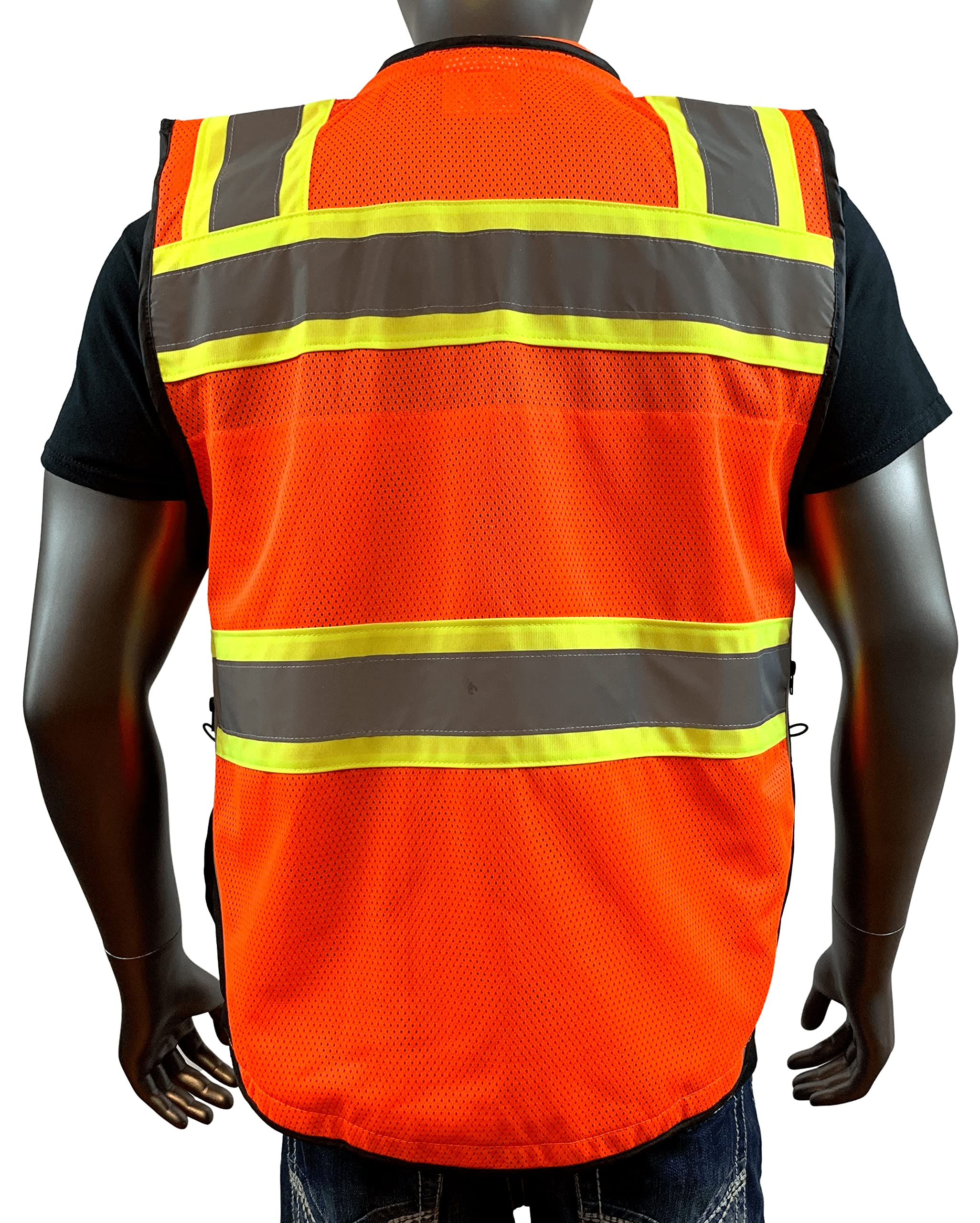 REXZUS (C Vest Mens Class 2 Black Series Safety Vest With Zipper and Utility Pockets Premium Black Series Surveyors Vest (Medium, Orange/Black)
