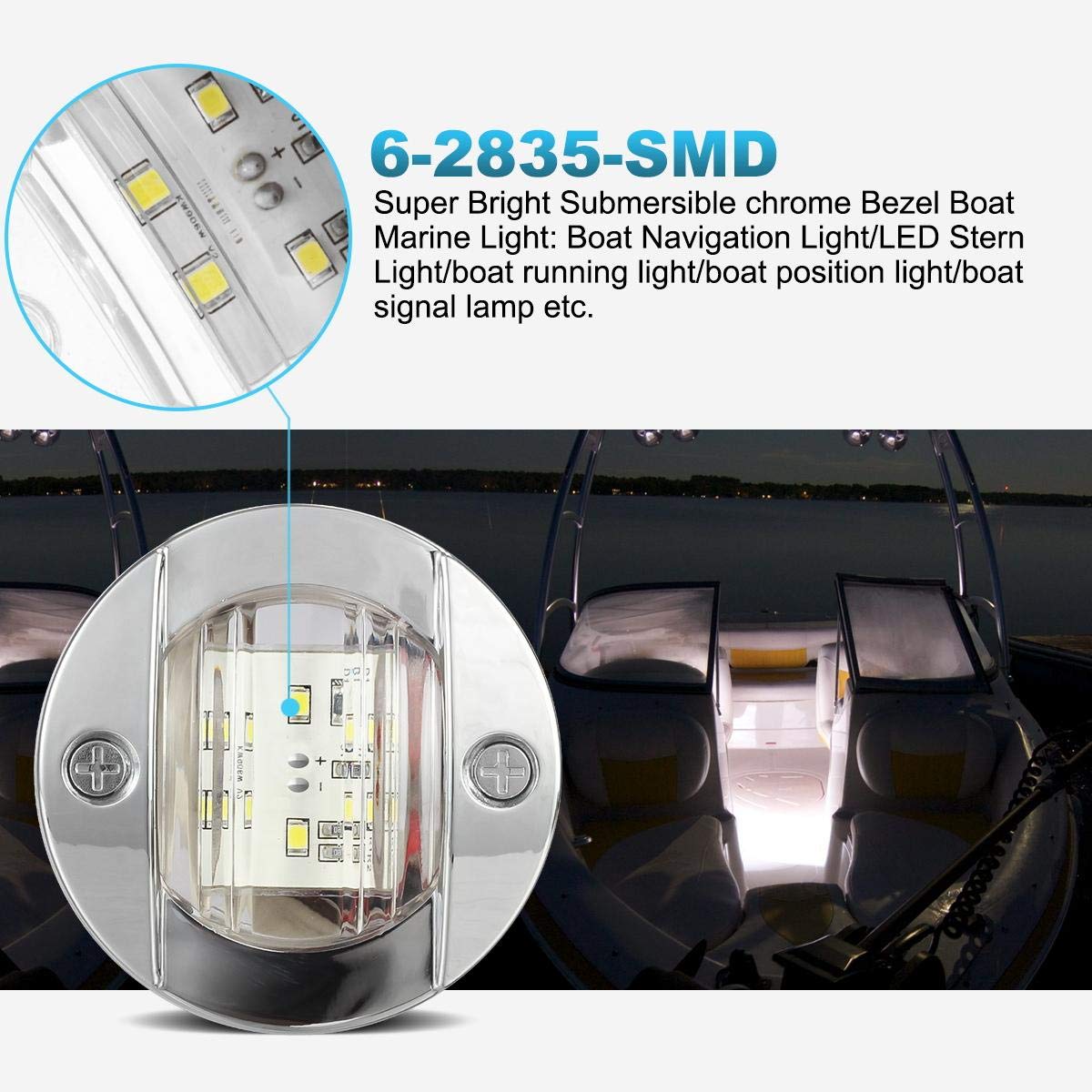Partsam 2pcs 3" inch Round Navigation Lights Chrome Boat Marine Clear Lens Blue LED Transom Mount Stern Anchor Lamps, Courtesy/Deck/Night Fishing/Light, 12V Surface Mount, IP67 Waterproof (Pack of 2)