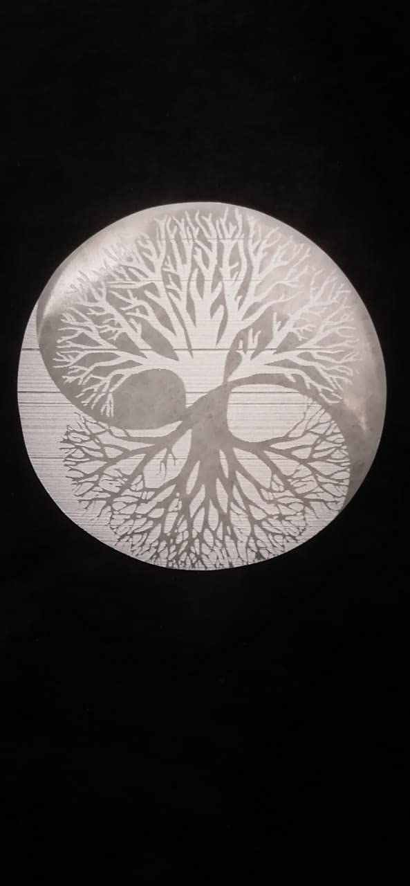 Selenite Circle Plate Laser Engraved Three Design, Cleans and Remove Negative Energy, Size 10×10 cm 240 gr, White