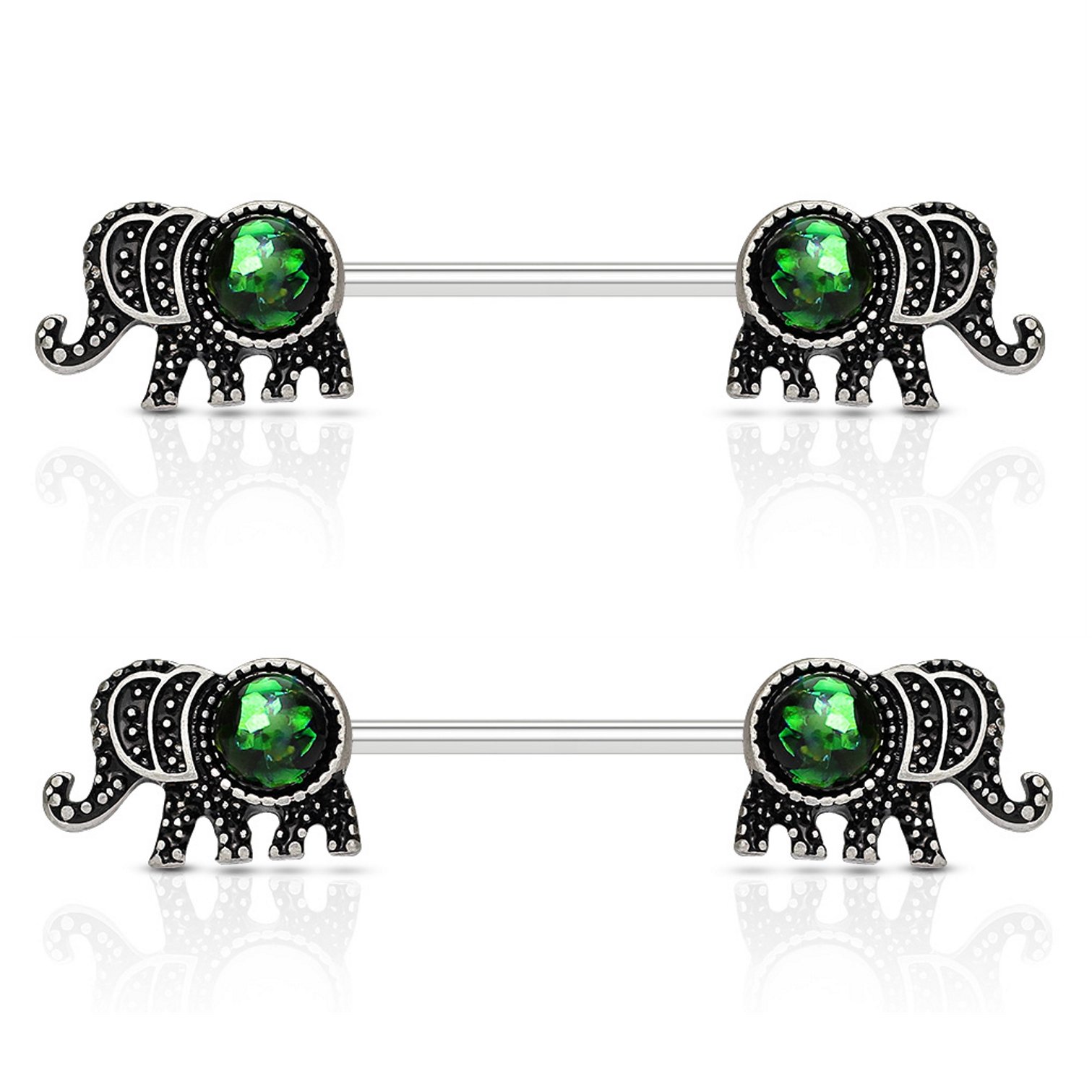 Pair of Opalescent Resin Glitter Elephant Nipple Piercing Rings Steel Barbells - 14G 9/16" (Green)