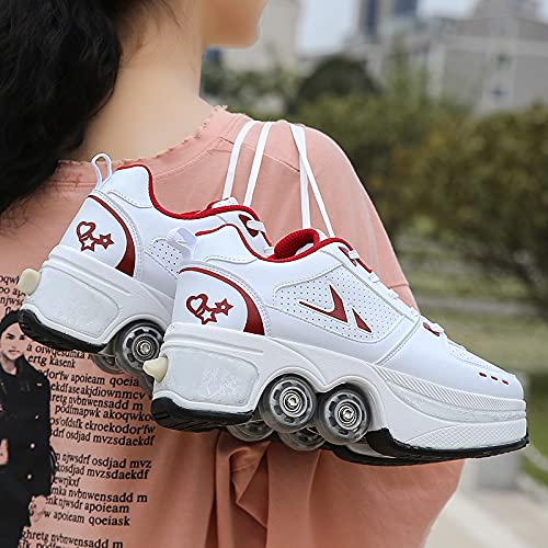 PLMOKN Women's Retractable Roller Skates Outdoor Girls Kick Roller Shoes Men Deformation Sneakers,(???) EU 36/US 5.5,White