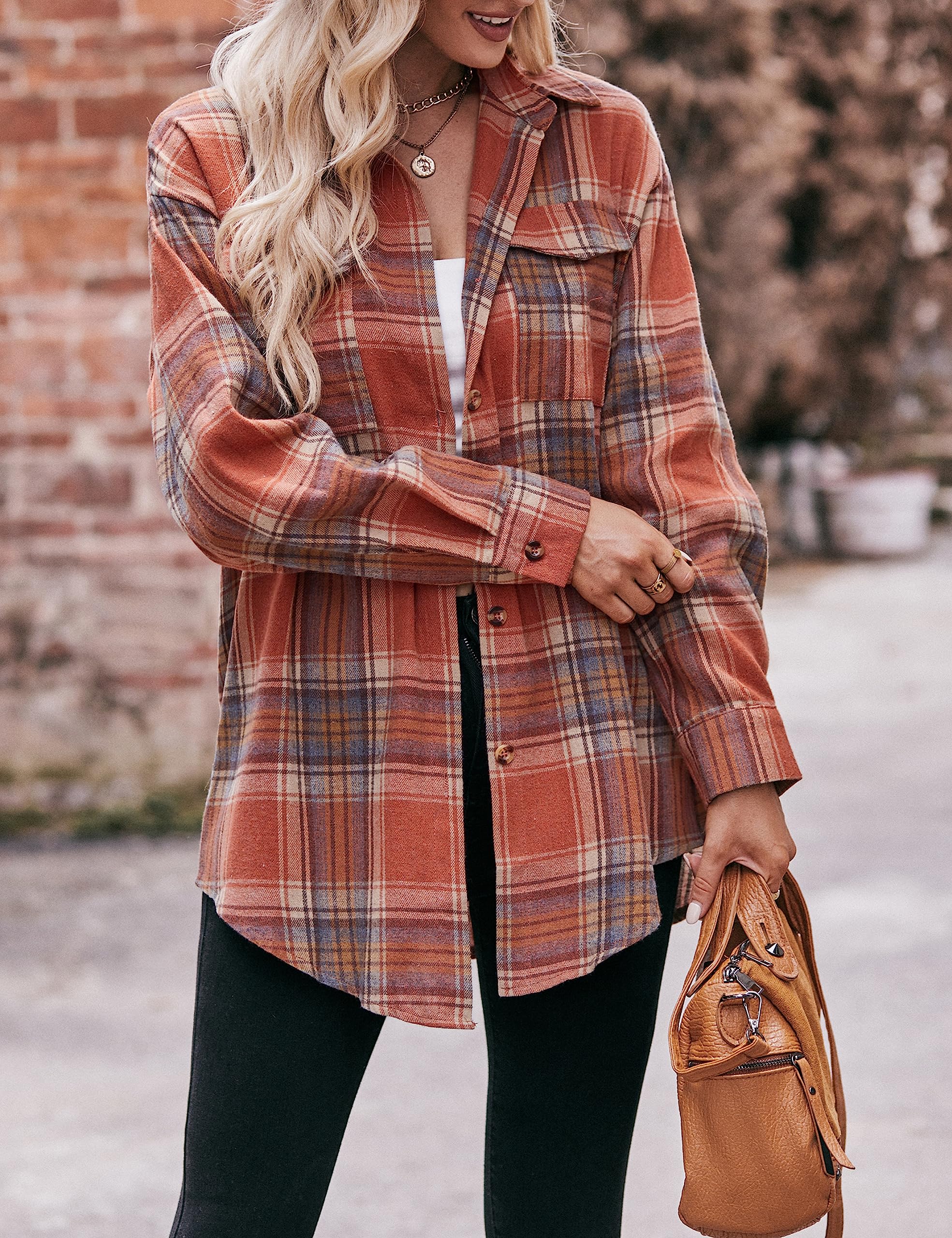 Oulivey Women Plaid Flannel Shirts Long Sleeve Oversized Button Down Boyfriend Blouse Tops (0066-Brown-XL)