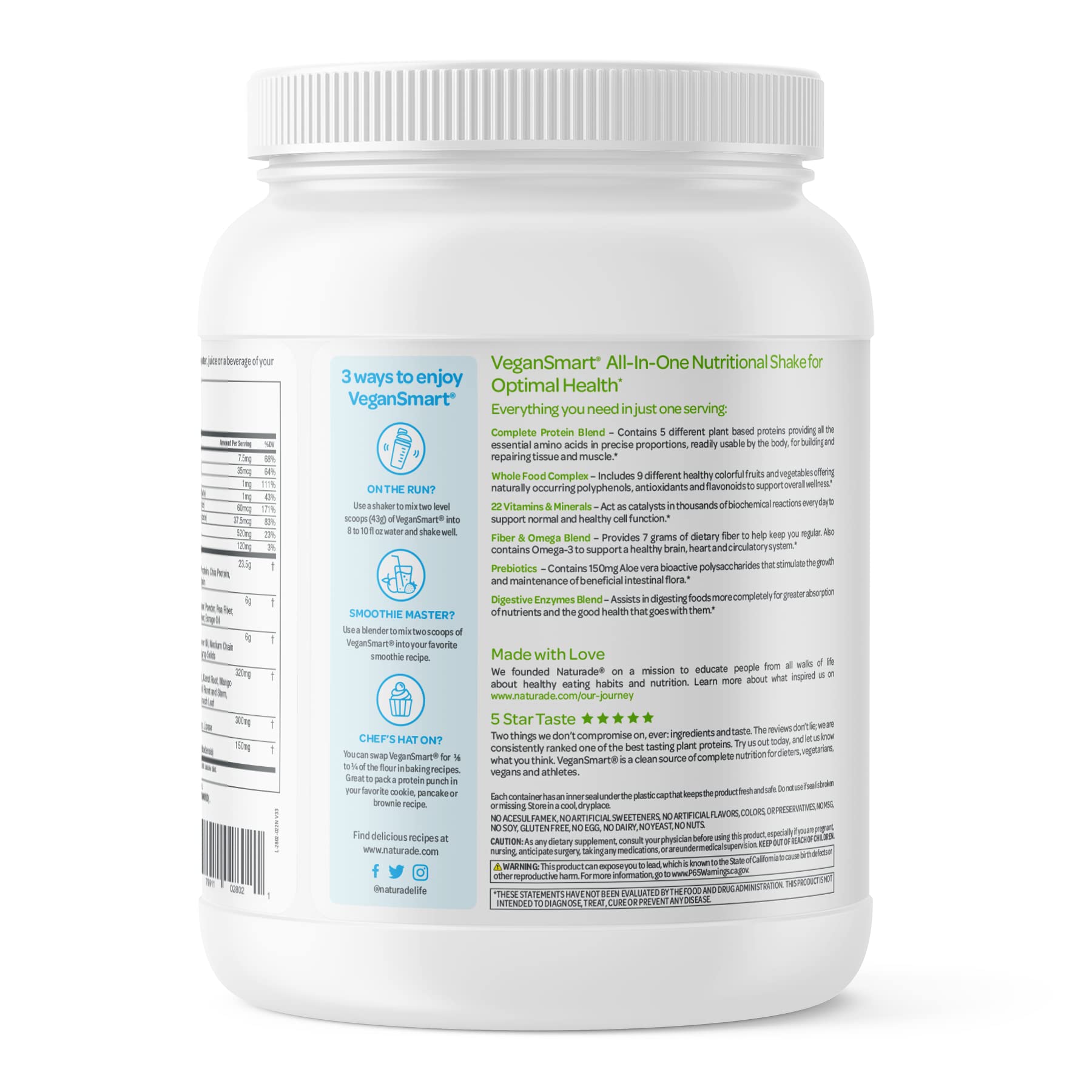 Vegansmart Naturade Plant Based Vegan Protein Powder - All-in-One Nutritional Shake Protein Blend - Gluten Free & Non-GMO - Vanilla (15 Servings)