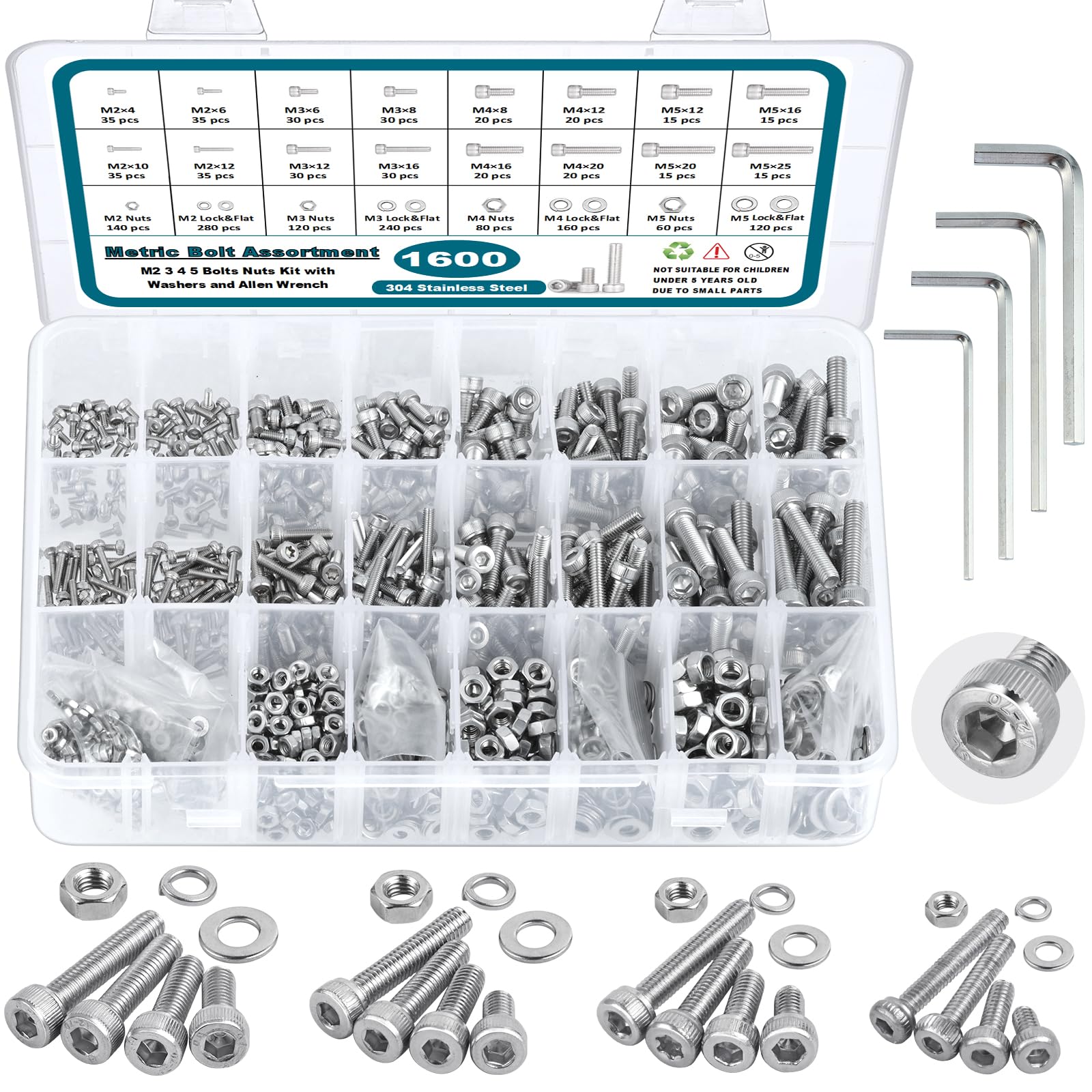 SATANTECH 1600Pcs Metric Screw Assortment,M2 M3 M4 M5 Metric Bolt Assortment,304 Stainless Steel Metric Machine Screws,Hex Socket Head Cap Screws Nuts and Bolts Assortment Kit with Flat & Lock Washers