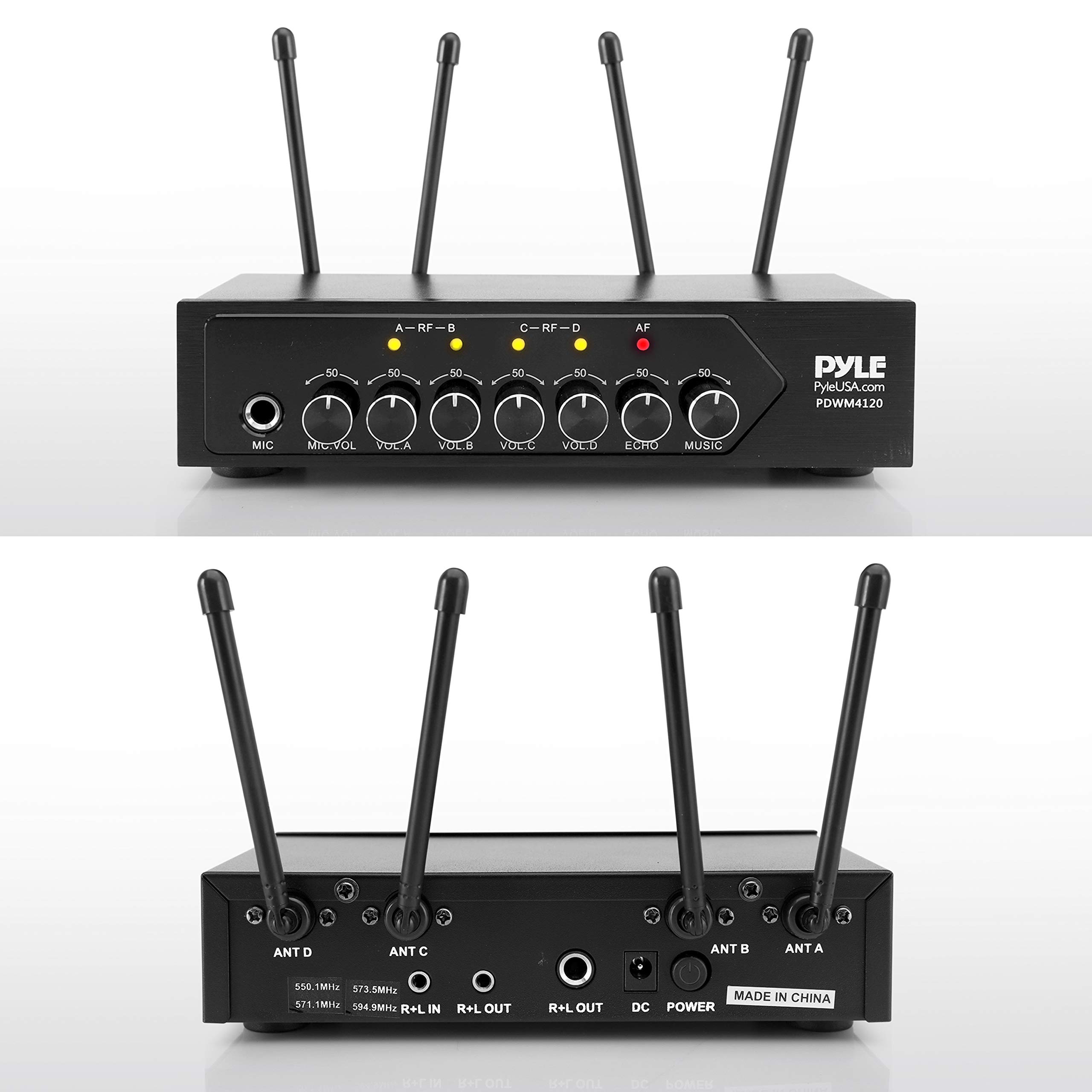 Pyle Portable UHF Wireless Microphone System - Battery Operated Four Bluetooth Cordless Microphone Set with 50 Channels Selectable Frequency, Receiver Base, AUX, PA Karaoke DJ Party - Pyle PDWM4120