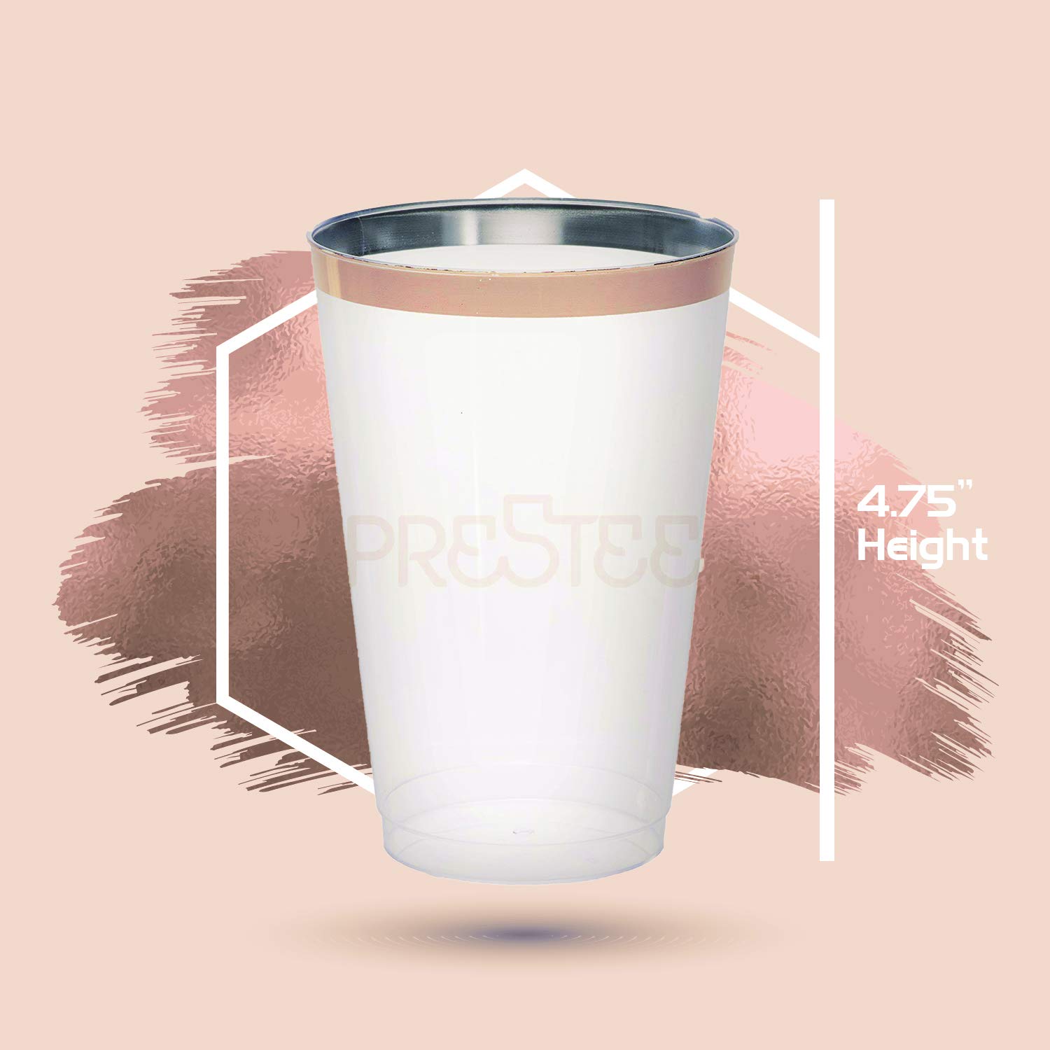 Prestee Rose Gold Rim Plastic Cups, 14 oz. 50 Pack, Hard Clear Plastic Cups, Disposable Party Cups, Fancy Wedding Tumblers, Elegant Decoration Cups, Plastic Tumblers Bulk