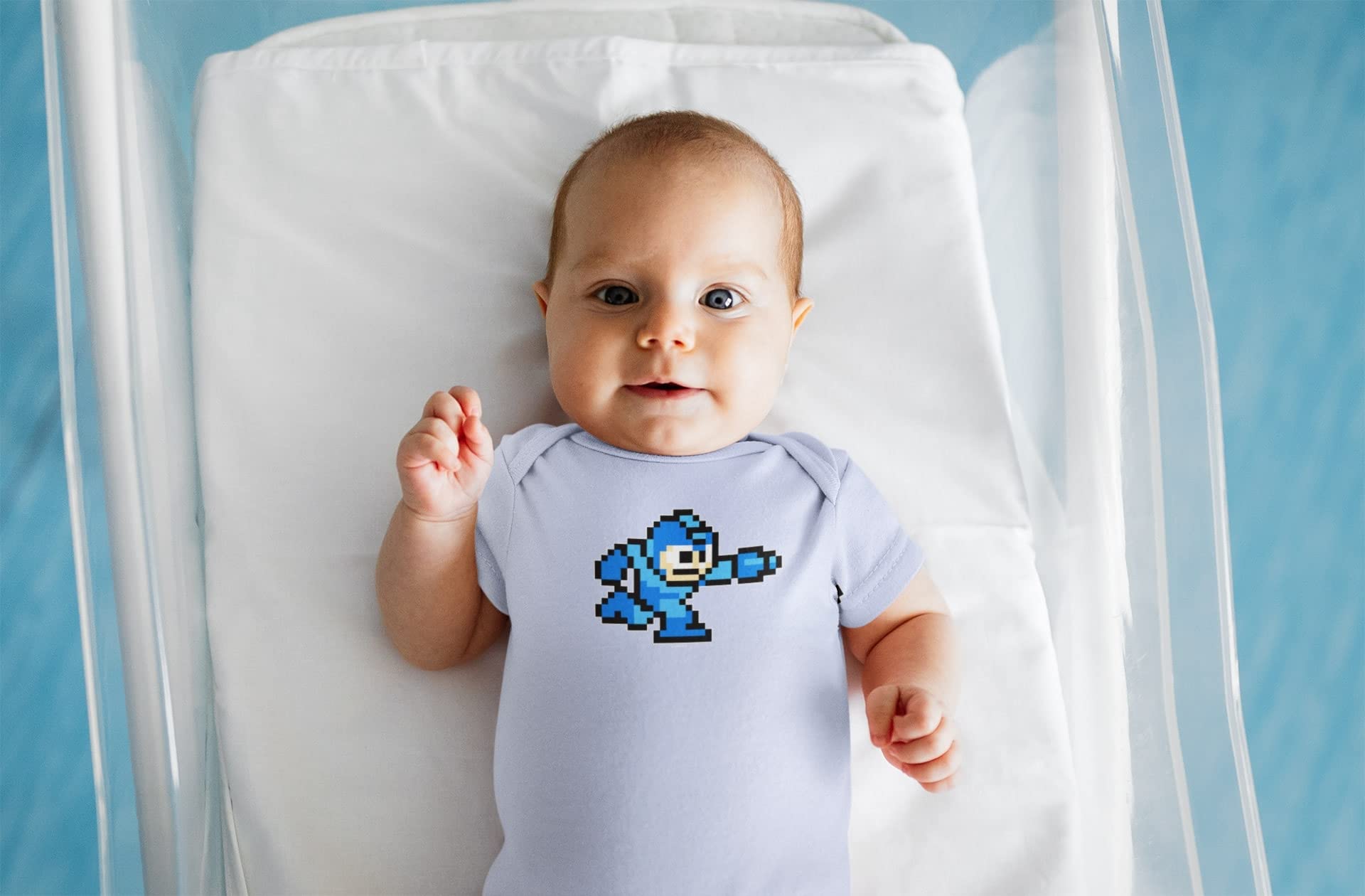 Pop Threads Mega Man 8 Bit Running Baby Bodysuit Boy Megaman Video Game Girl Infant Gifts Light Blue 6M