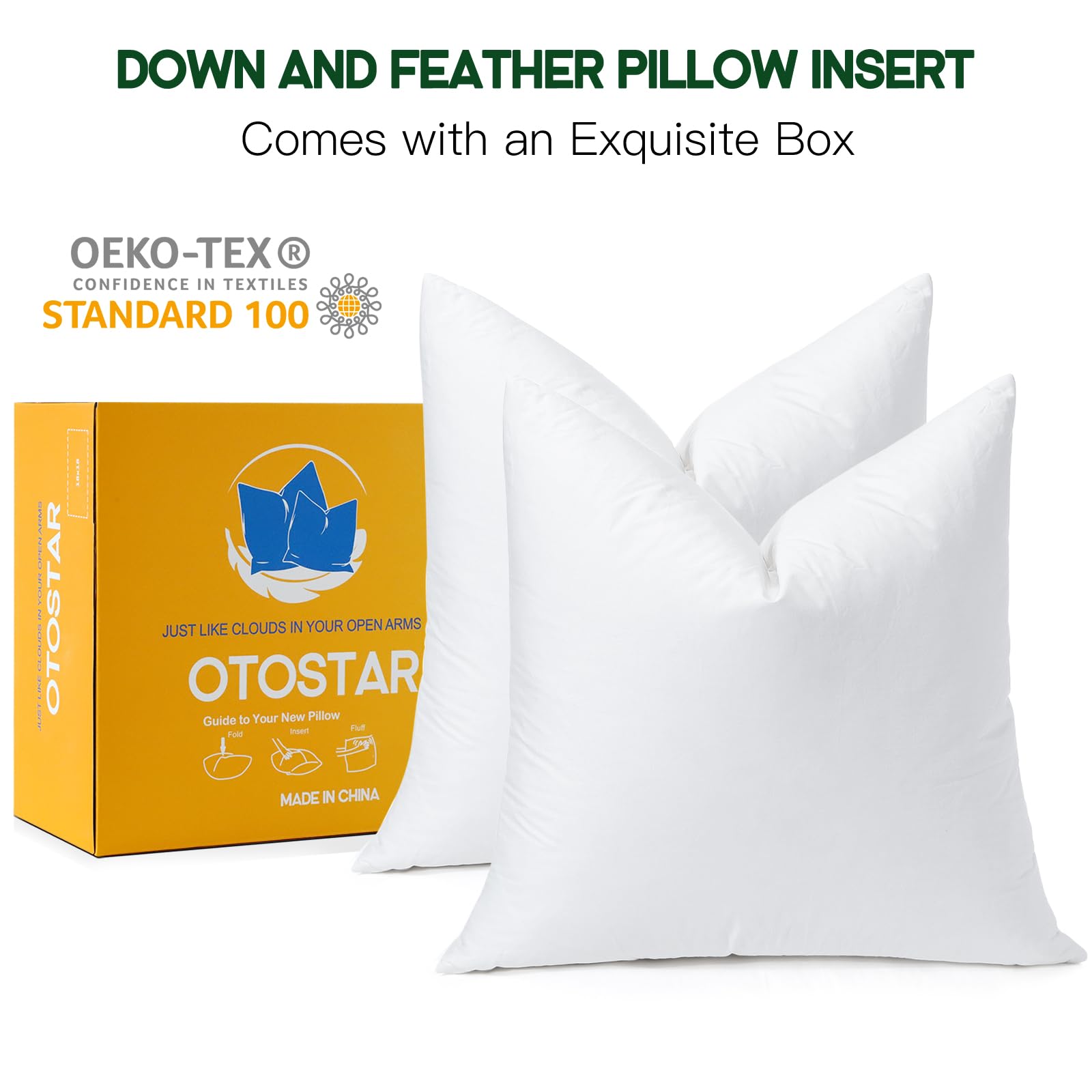 OTOSTAR Pack of 2 Down and Feather Throw Pillow Inserts, 28 x 28 Soft Fluffy Square Pillow Inserts with 100% Cotton Cover Decorative Pillows for Sofa Couch Bed-White