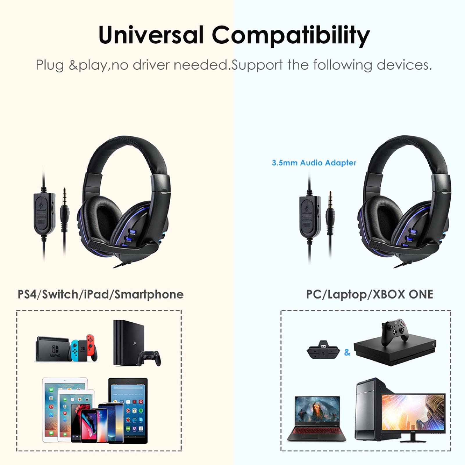 Stereo Gaming Headset with Mic for Xbox One/PS4, Over-Ear PC Headphones Low Bass Sound, 3.5mm Jack, Volume Control, for PS4 / Xbox One S/Xbox One/Nintendo Switch/PC/Mac