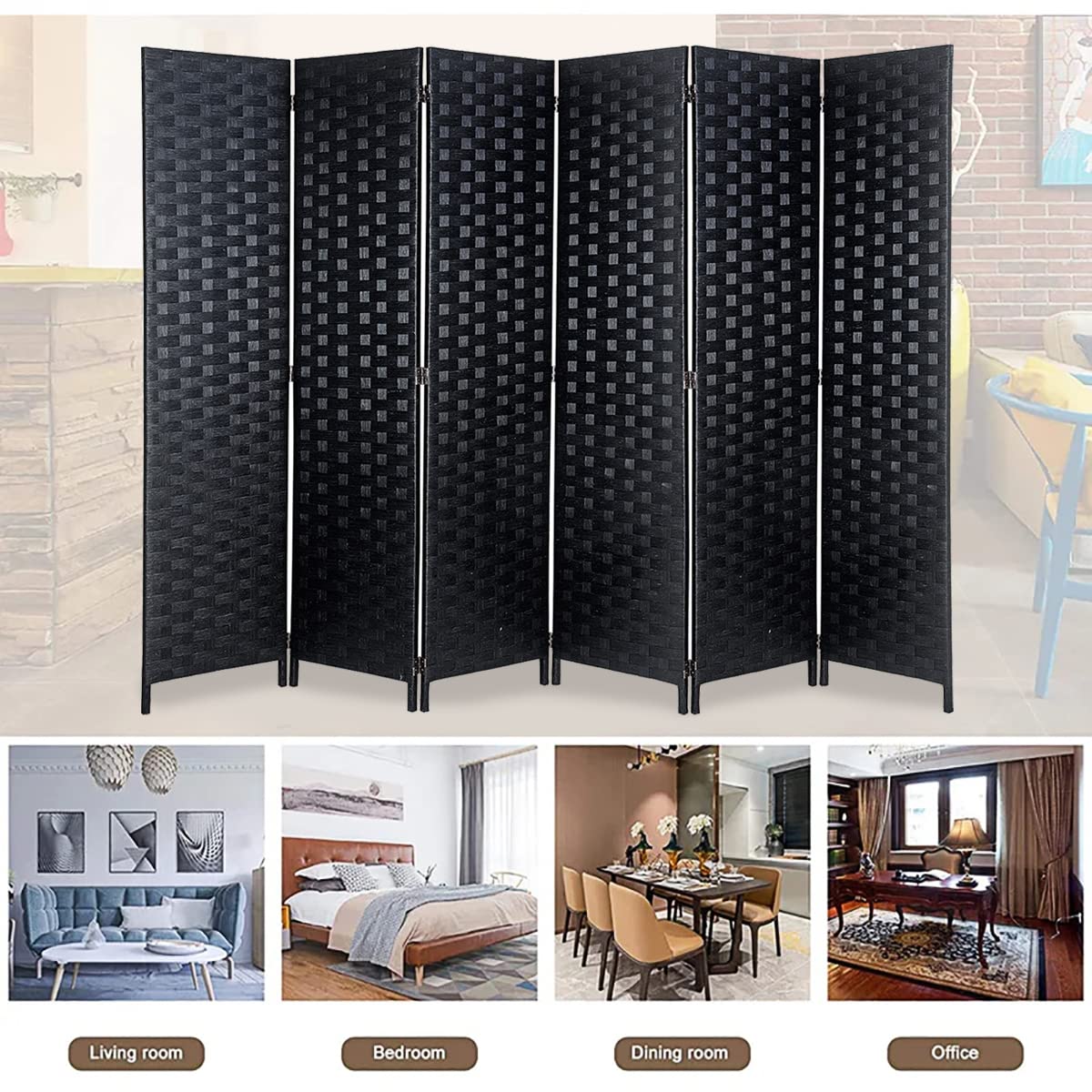 RHF 6 ft.Tall 16" Wide Room Dividers,Double Side Woven Fiber Divider,Better Privacy Screen,Folding Partition & Wall Divider,Space Seperate Indoor Decorative 6 Panel Screen,Freestanding- Black,6 Panels