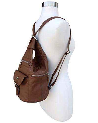 Roma Leathers Fashion Leather Backpack - Premium Brown Cowhide Leather - Buckle Front Closure - Metal Zipper Hardware - Convertible Shoulder Straps - Multi Pocket Shoulder Bag - Designed in U.S.A.