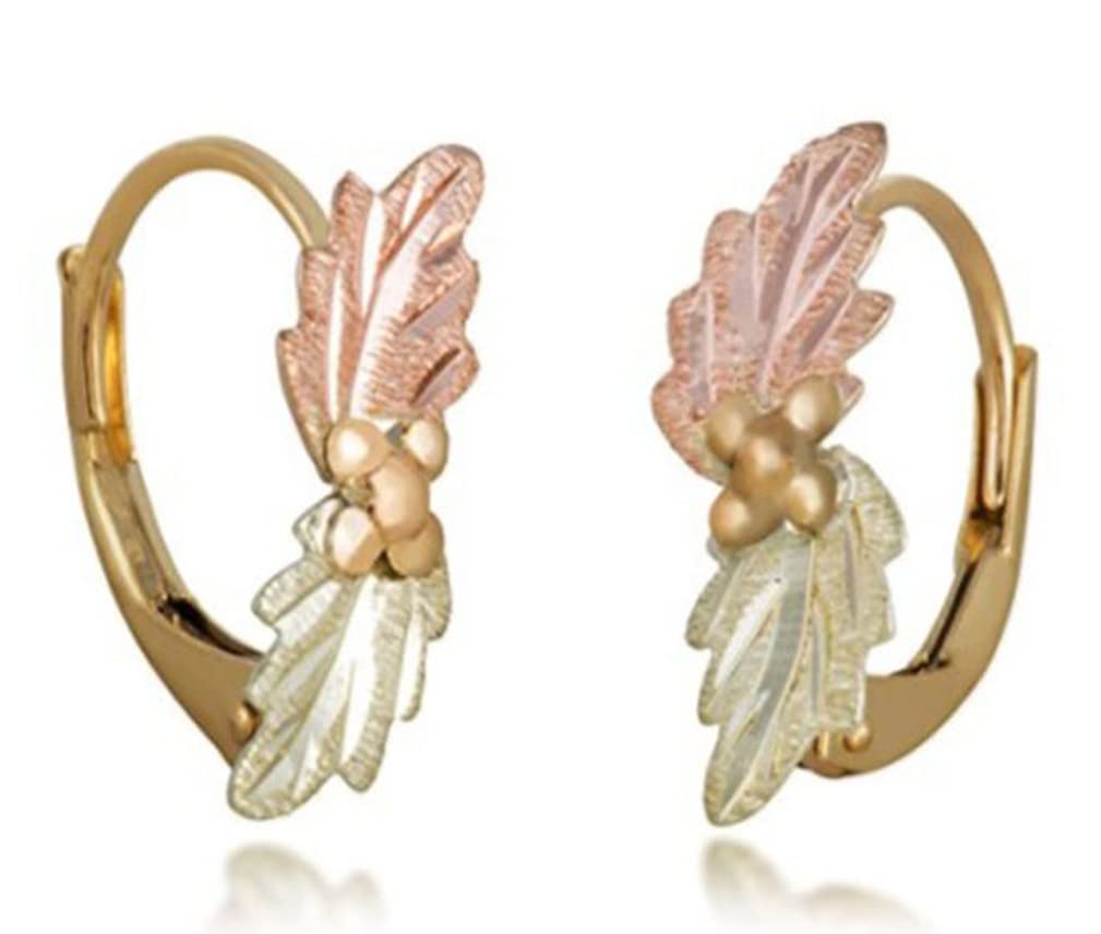 Precious Leaf Leverback Earrings, 10k Yellow Gold, 12k Green and Rose Black Hills Gold