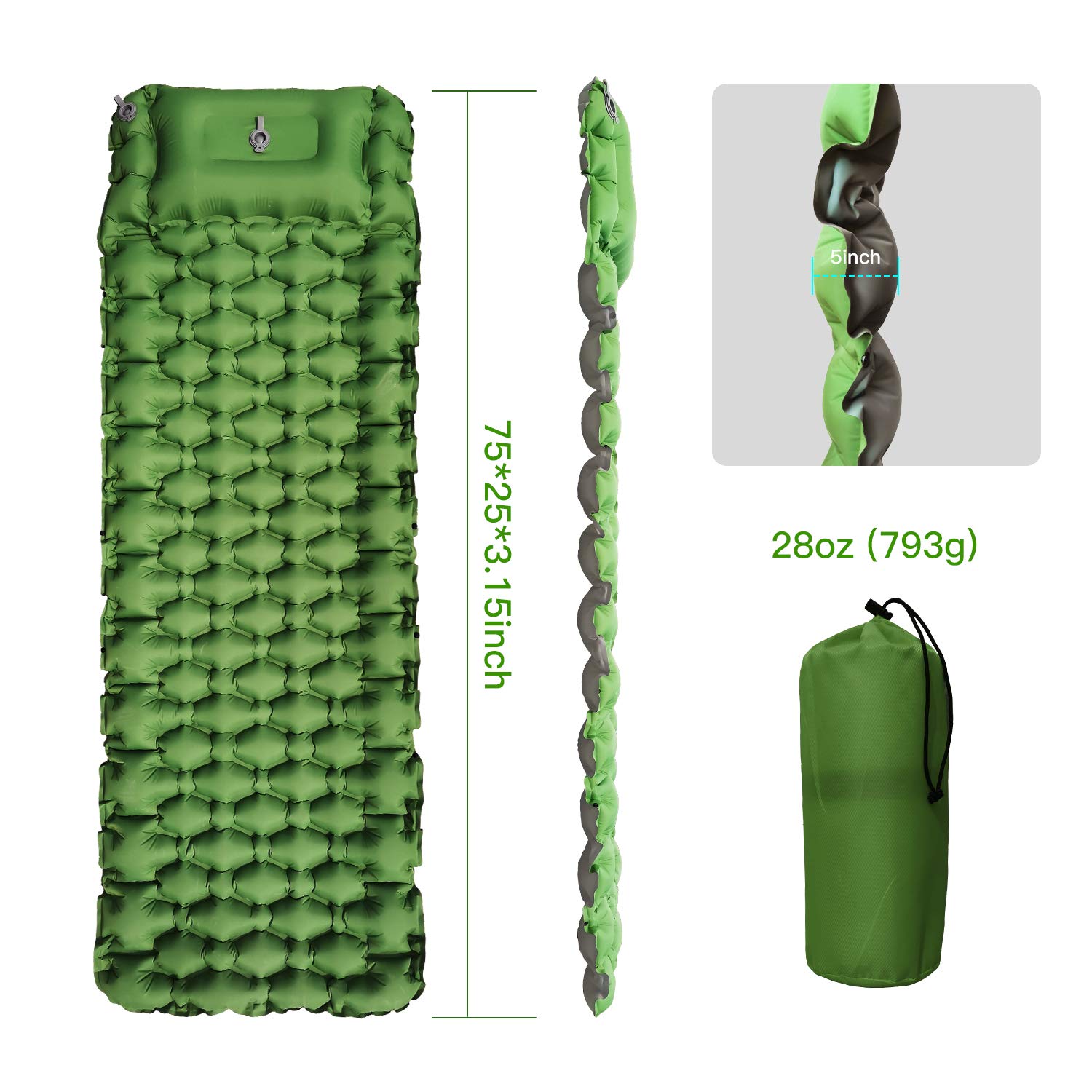 Self-Inflating Sleeping Pad for Camping, Ultralight Sleeping Pads with Pillow for Backpacking,RV, Traveling, Hiking Air Mattress- Lightweight & Compact, Camping Sleeping Mat with Waterproof-Green