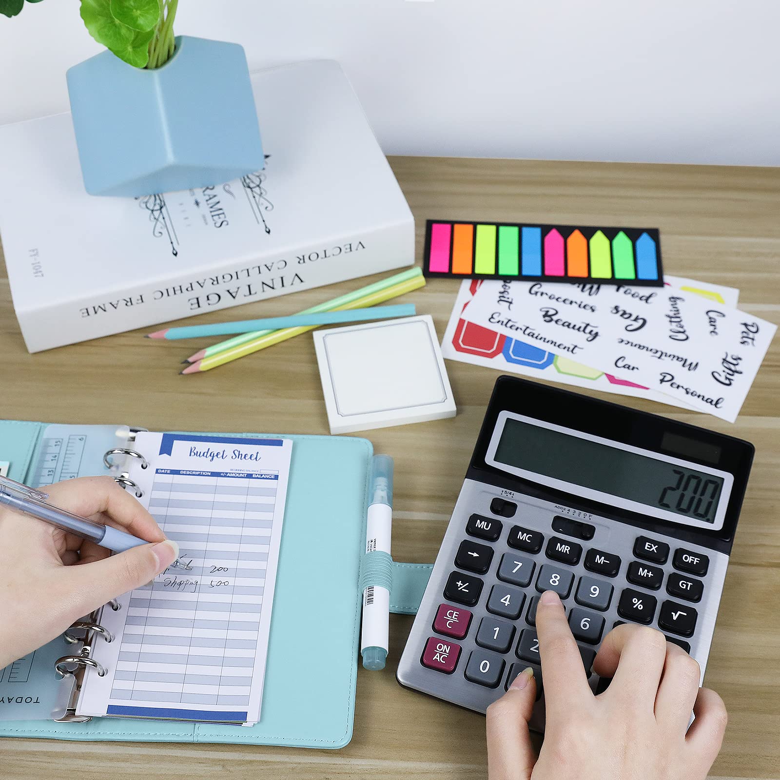 Smarpau Budget Binder with Zipper Envelopes, Money Organizer for Cash, A6 PU Leather Money Saving Binder with 6pcs Binder Pockets & 2pcs Card Sleeves, 12pcs Budget Sheets & 200pcs Sticky Tabs, Blue