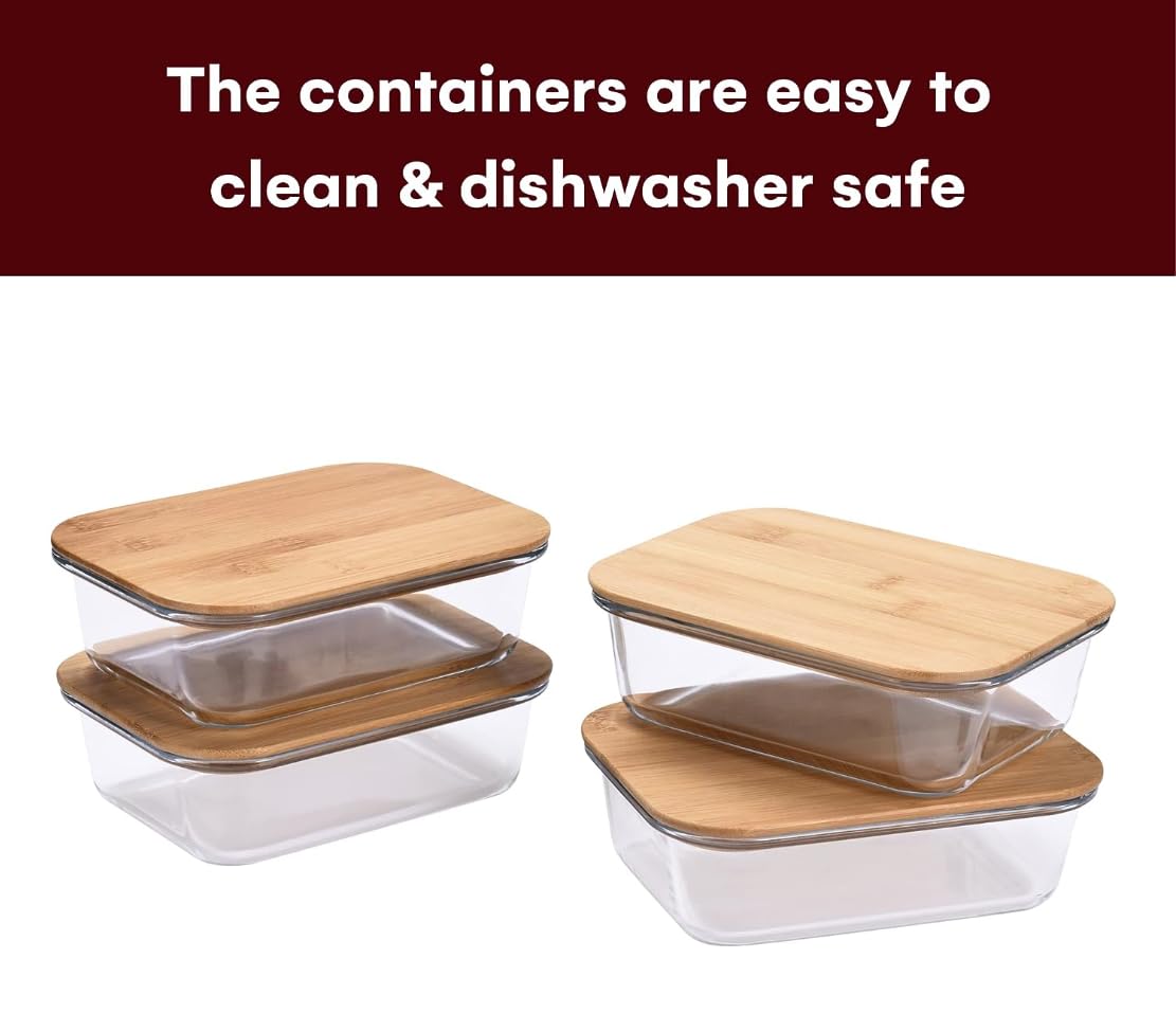 Vdomus Glass Food Storage Containers with Bamboo Lids (Pack of 4) - Stackable Meal Prep Container - Airtight Glass Food Containers - Microwave, Dishwasher Safe - Reusable Glass Lunchbox Pack - 36 Oz