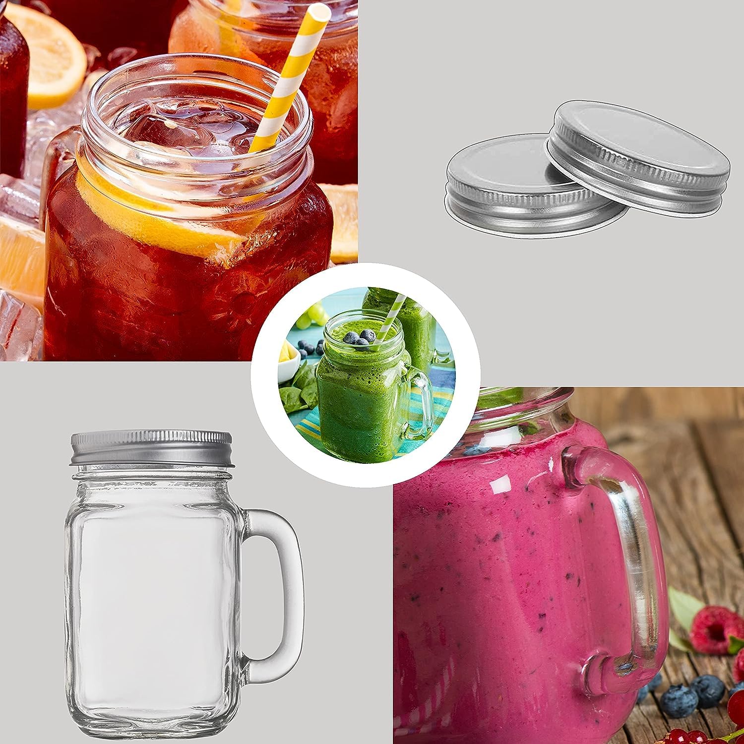 TANGLONG Mason Jar Cups, Mason Jars With Handle And Lids, Mason Jar Drinking Glasses, Glass Mason Jar Mugs 16 oz β12 Pack