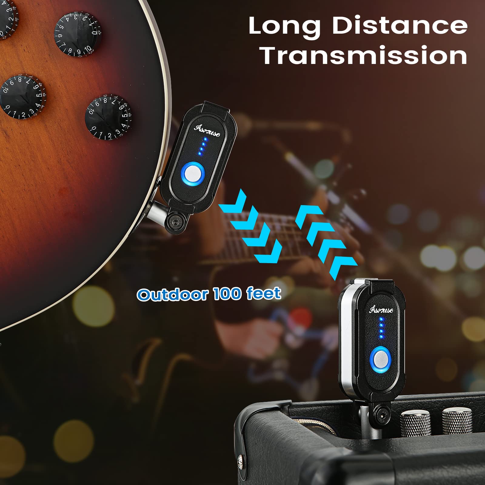 UHF Wireless Guitar System, Rechargeable Digital Wireless Guitar Transmitter Receiver with 20 Channels and Over 6 Hours Long Battery Life for Electric Guitar Bass