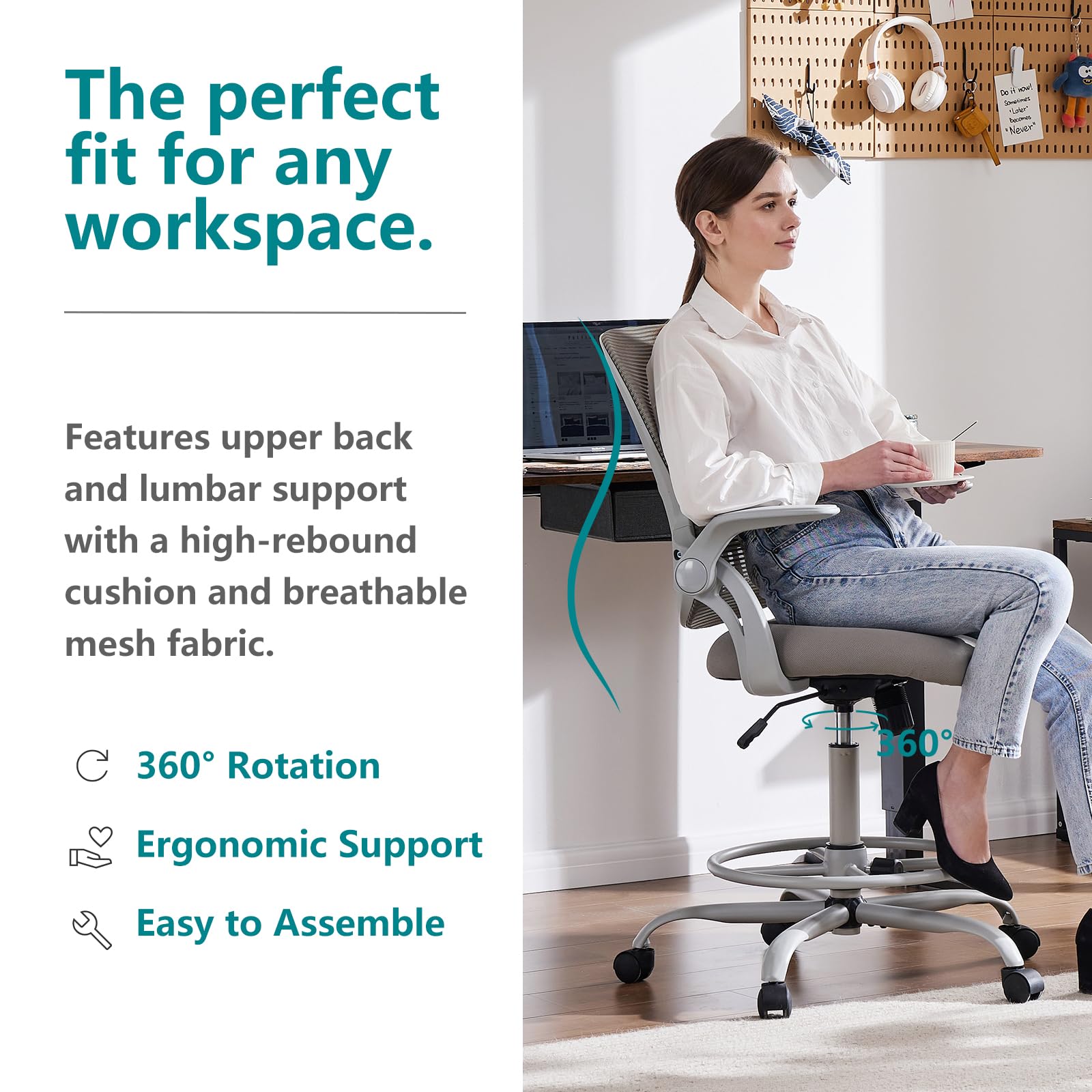 SMUG Drafting Chair, Tall Office Chair Tall Standing Desk Chair Counter Height Adjustable Office Chair with Flip-up Arms, Mid Back Mesh Office Drafting Chairs, Grey
