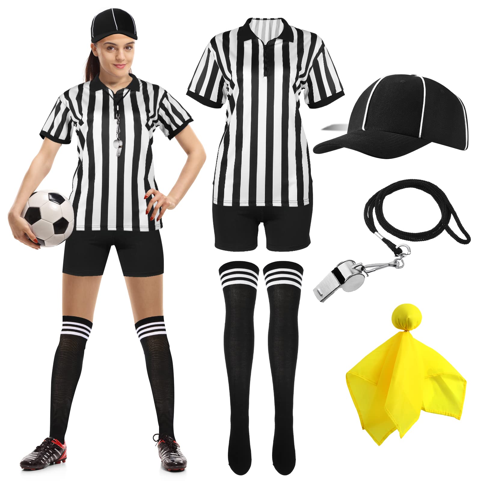 Women Referee Costume Black and White Stripe Ref Shirt Jersey Shorts Referee Hat for Carnival Party Halloween Cosplay Party (Small)
