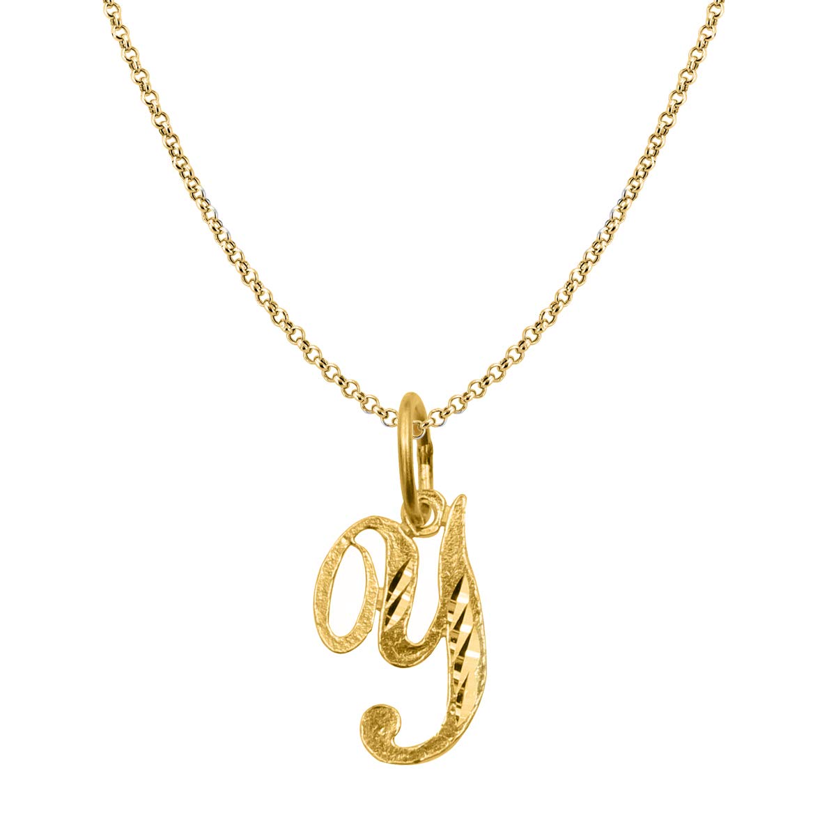 PRECIOUS STARS 14k Yellow Gold Diamond-cut Cursive Letter Initial 'Y' Pendant with 1.2mm Rolo chain