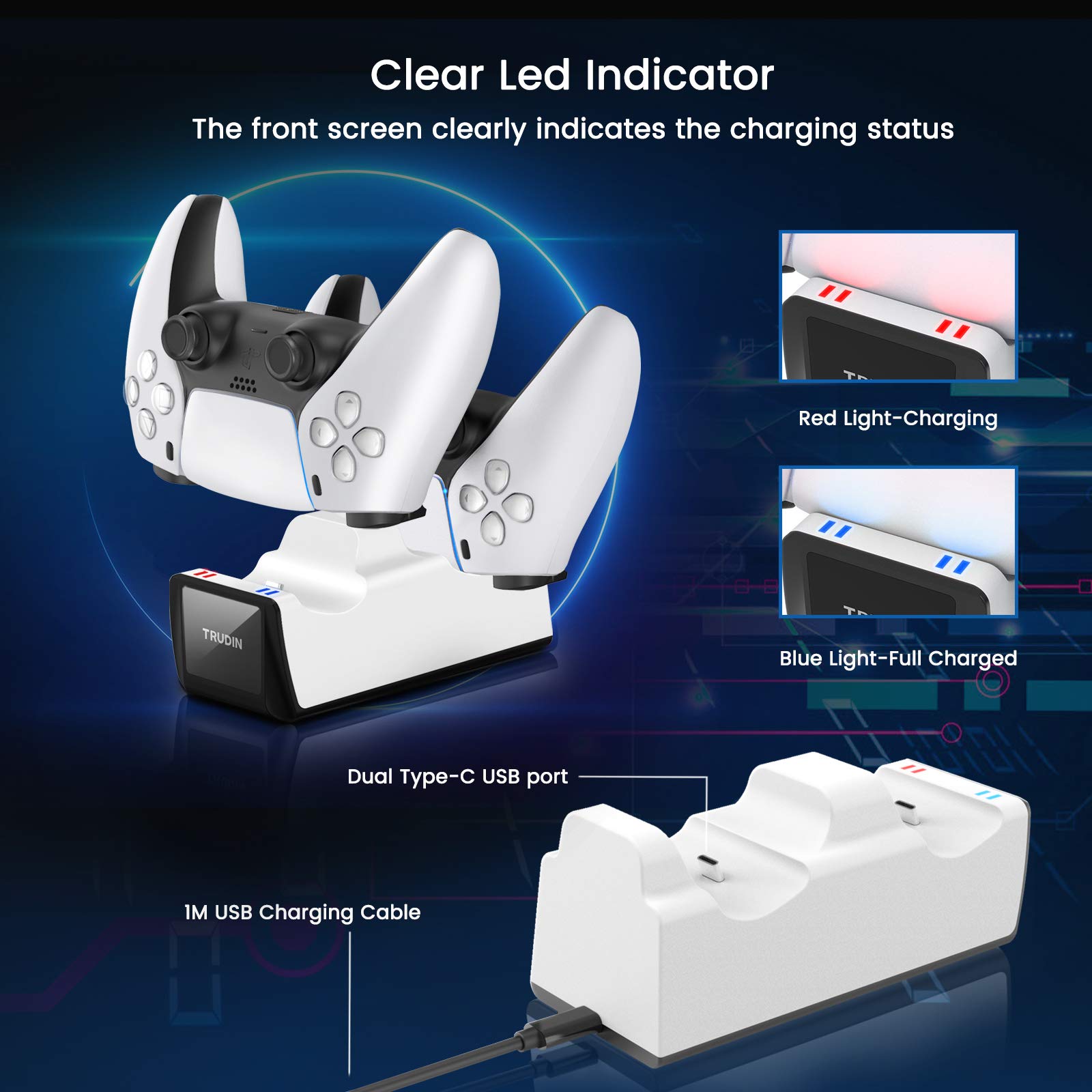 PS5 Controller Charger with 【Fast Charging】 AC Adapter 5V/2A, Playstation 5 Charging Station with 【LED Indicator】, Dual USB Charging Dock Station Stand for Sony Playstation 5 DualSense Controller