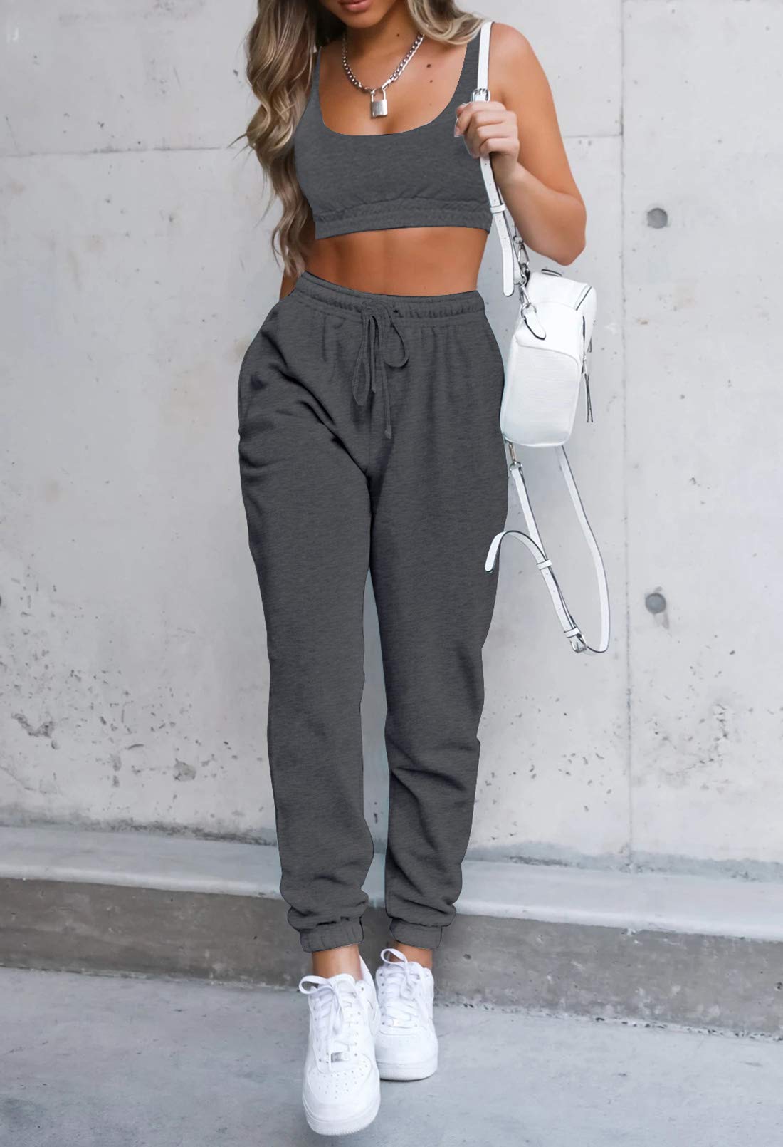 Selowin Women's 2 Piece Tracksuit Workout Outfits Stretch Bra Top Pocket Sweatpants Jogger Sets Dark Grey L