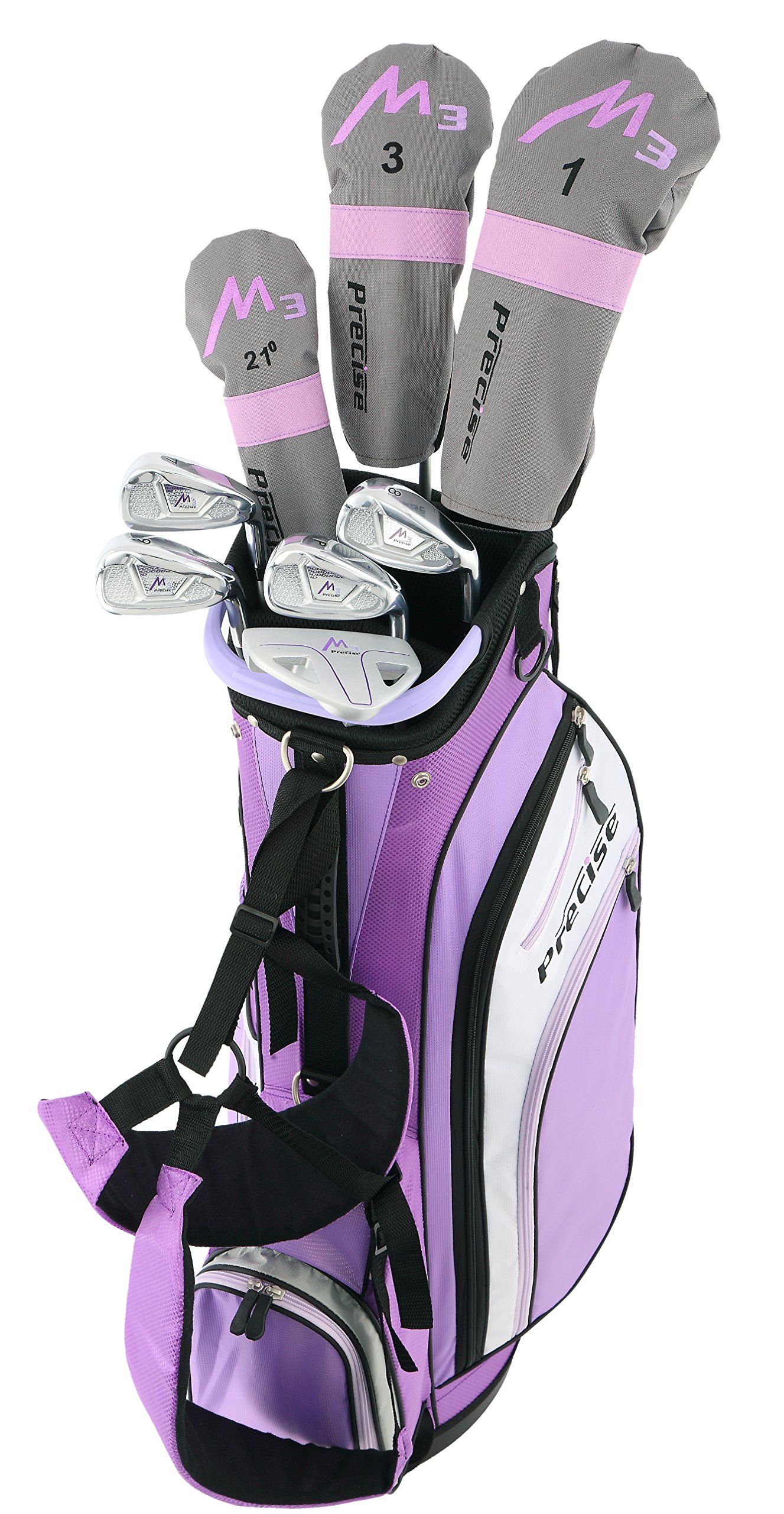 Precise M3 Ladies Womens Complete Golf Clubs Set Includes Driver, Fairway, Hybrid, 7-PW Irons, Putter, Stand Bag, 3 H/C's Purple - Regular, Petite or Tall Size! (Petite Size -1", Right Handed)