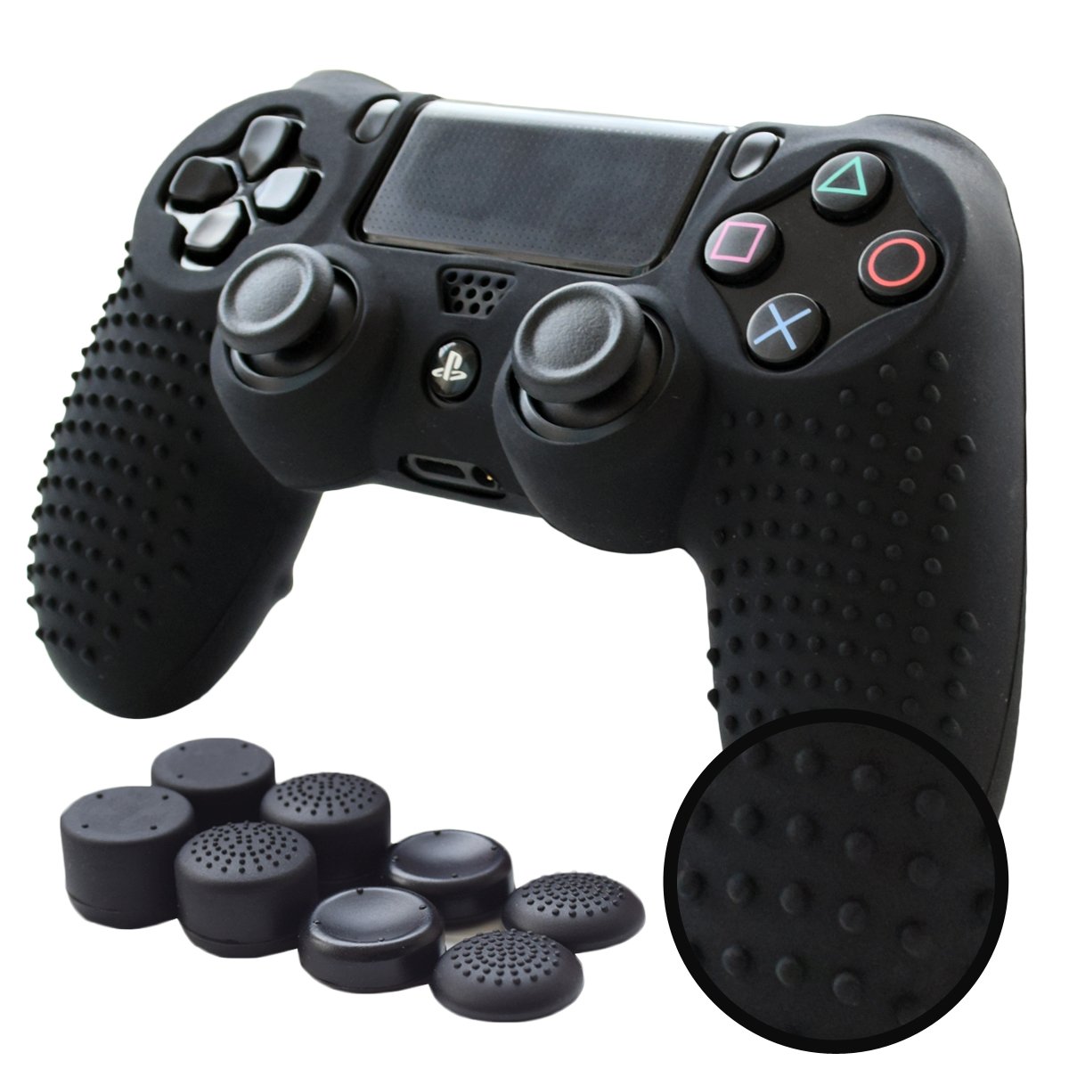 Pandaren PS4 Controller Grip,STUDDED Anti-slip PS4 Controller Cover Silicone Skin for PS4 /SLIM/PRO controller(Black controller skin x 1 + FPS PRO Thumb Grips x 8)