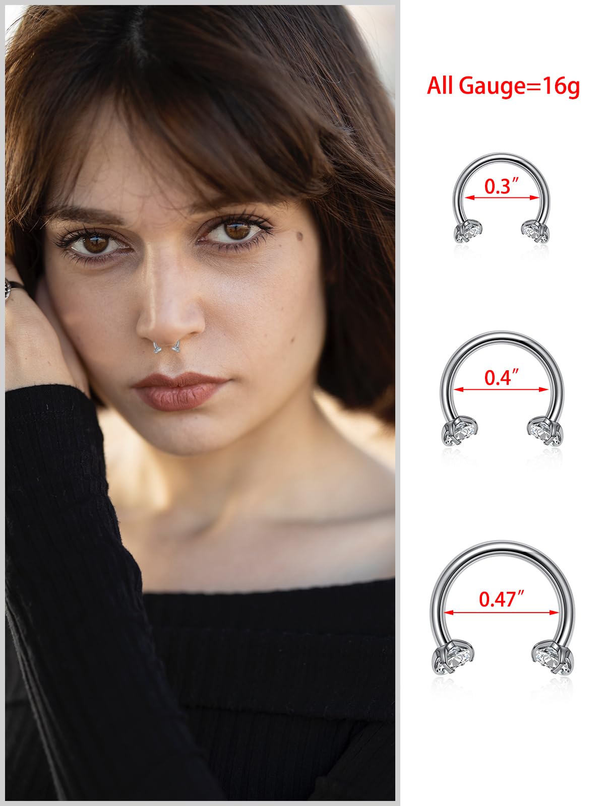 PiercingJ 2-6pcs 16G Clear Cubic Zirconia Stainless Steel Horseshoe Hoop Multi-functional Captive Ring for Nose Daith Lip Eyebrow Nipple Ear Cartilage Helix Septum