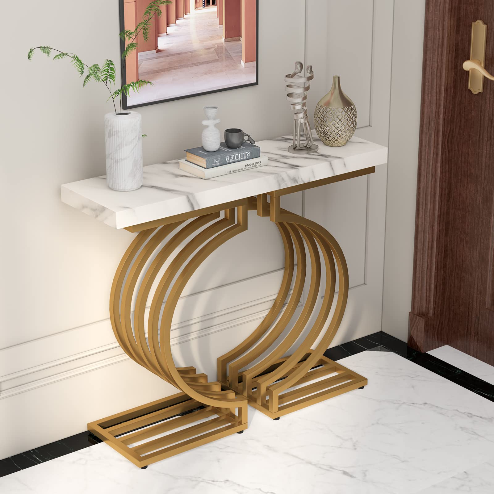 PAKASEPT Console Table for Entryway, Faux Marble Wood Accent Table Foyer Table with Geometric Metal Frame for Living Room, Hallway, Entrance