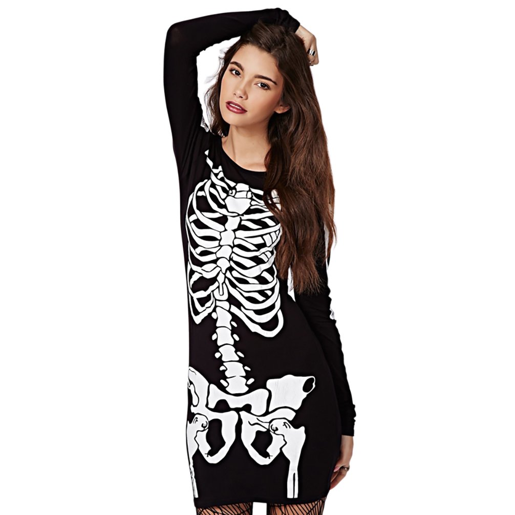 RieKet Women's Halloween Costume Skeleton Dress Long Sleeves Stretchy Short Mini Dress (XL, Black)