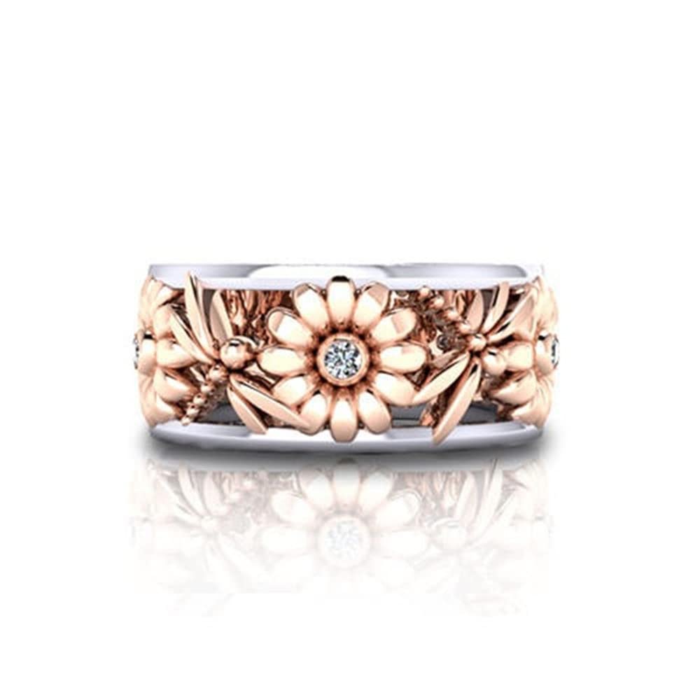 WANMEIL Vintage Silver Rings Women's Elegant Sunflower Dragonfly Hollow Finger Ring Band Jewelry Cubic Zirconia Ring with Side Stone Copper Leaf Eternity Band 【US Code 6-10】 (7)