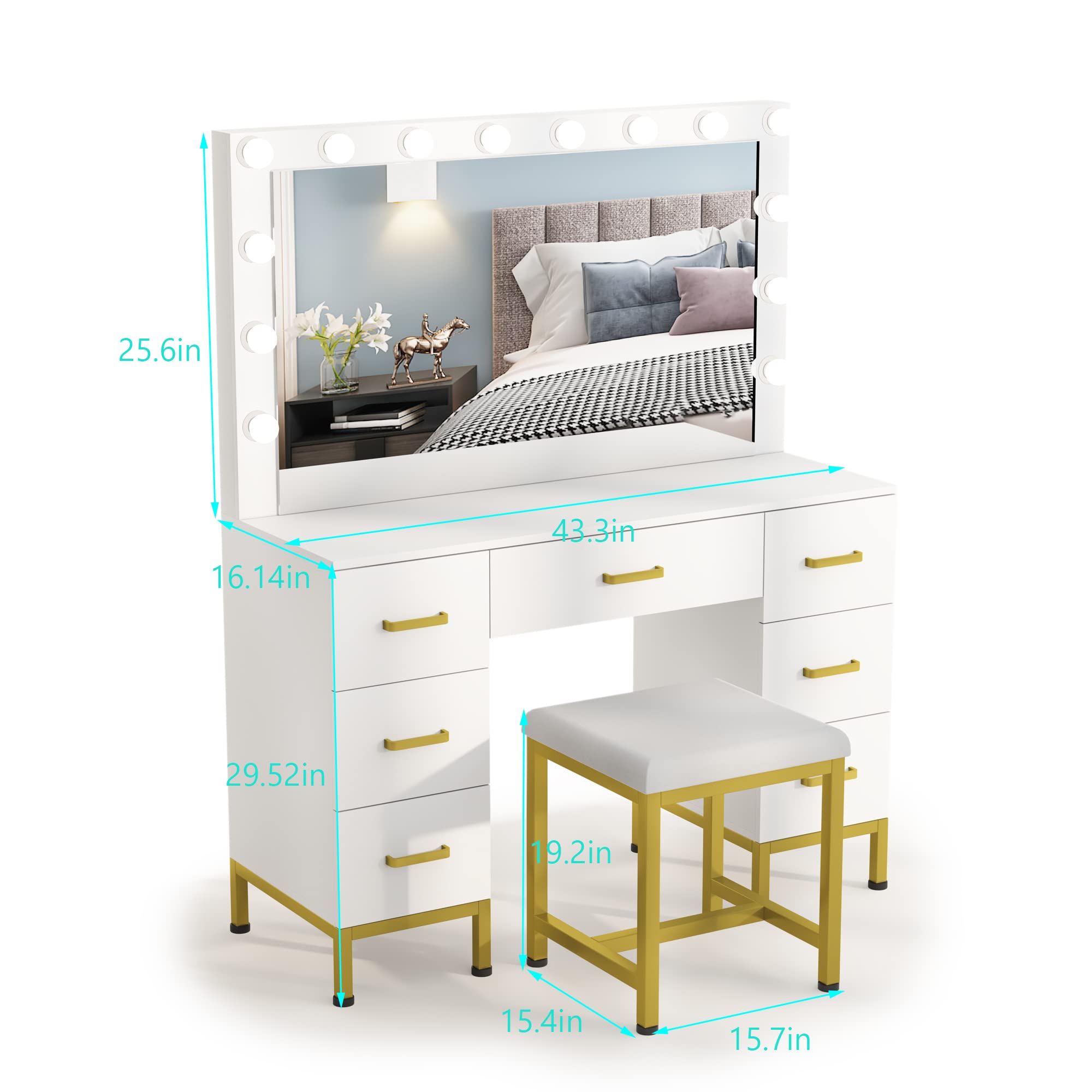 PAKASEPT Modern Makeup Vanity with Lighted Bulbs, 44'' Vanity Desk with Mirror and Lights, 7 Drawers, 14PCS LED Bulbs, Cushioned Stool, Black Vanity for Bedroom