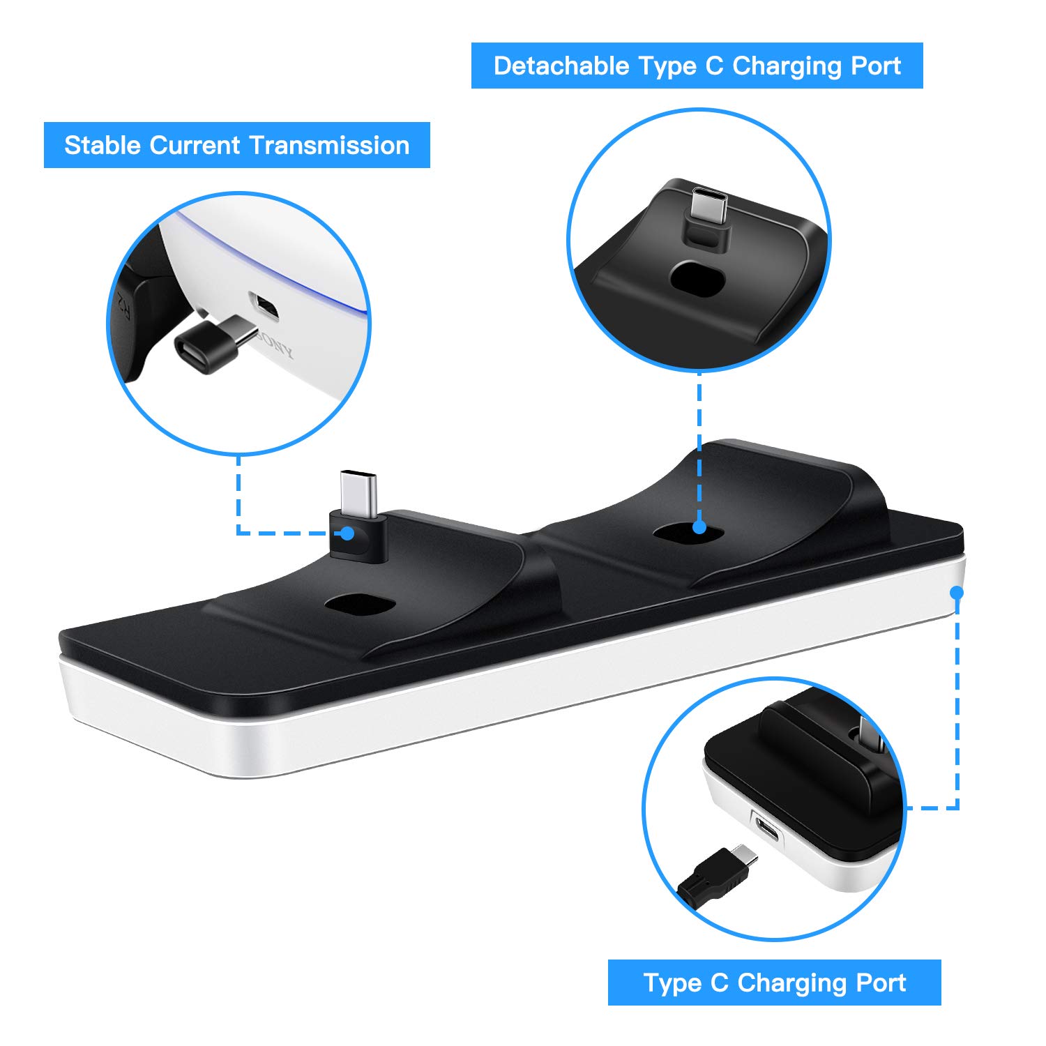 SUNKY Charging Dock for PS5 Controller, Wireless Charging Dock Station for Sony PS5 DualSense Controllers, Detachable Dual USB C Fast Charging Stand for Two DualSense Playstation 5 Controllers