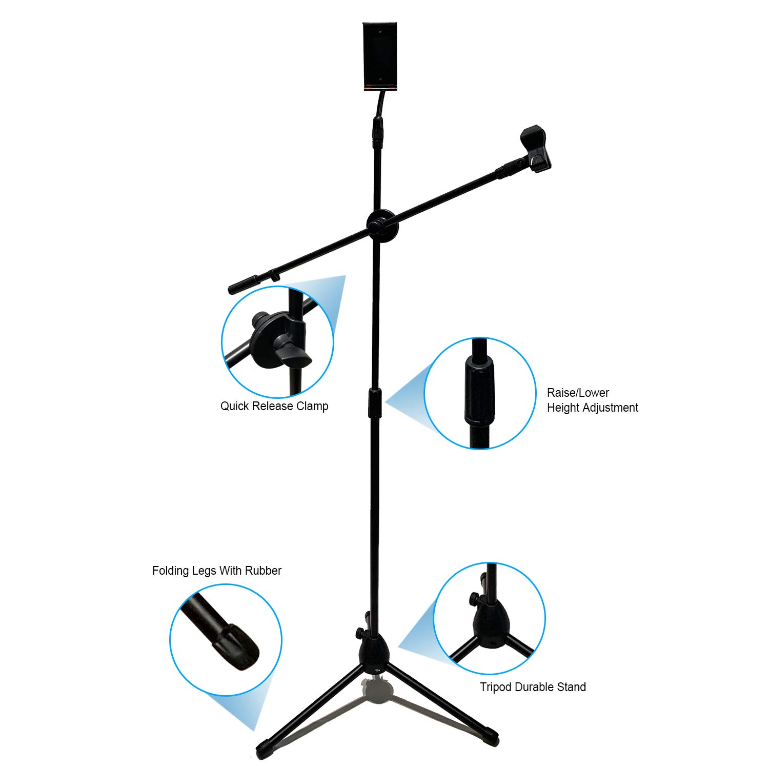 RHM Microphone Stand with Tablet Holder, Lightweight Adjustable Collapsible Tripod Boom Mic Stand with 2 Clips,Extendable Telescopic Boom Arm for Karaoke,Speech,Studio,Party,Wedding