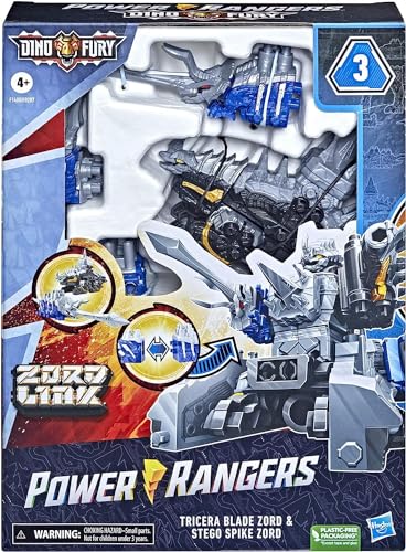 Power Rangers Dino Fury Blue Tricera Blade and Black Stego Spike Zord Toys for Kids Ages 4 and Up Zord Link Mix-and-Match Custom Build System