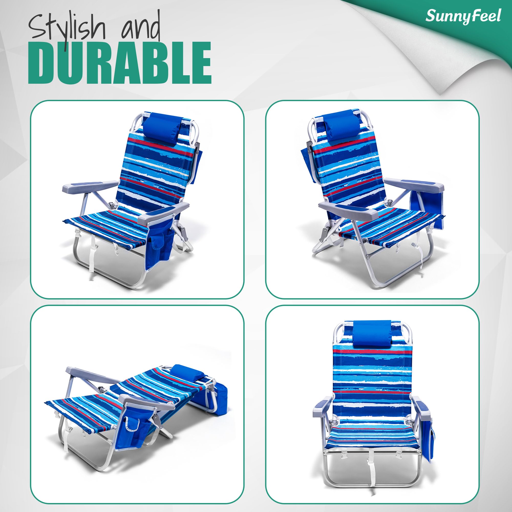 SUNNYFEEL Extra Wide 28" Low Beach Chair 5 Position Lay Flat, XL Oversized Portable Folding Camping Chairs with Cup Holder for Outdoor/Trip, Lightweight Foldable Backpack Beach Chair for Adults