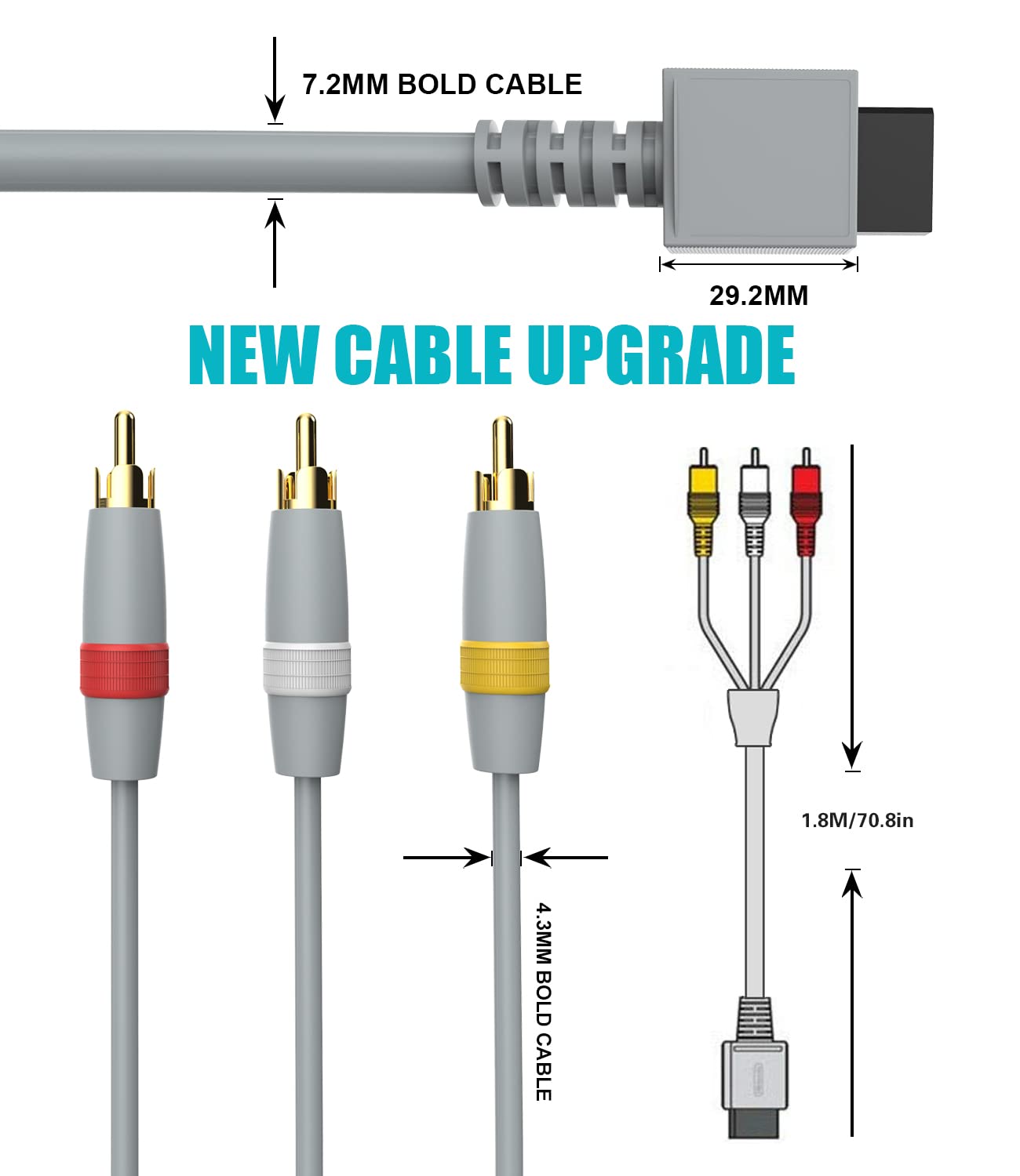 SNLLMZI AV Cable for Wii Wii U,6ft 1.8M Composite Retro 3 RCA Gold-Plated Cable for Nintendo Wii and Wii U